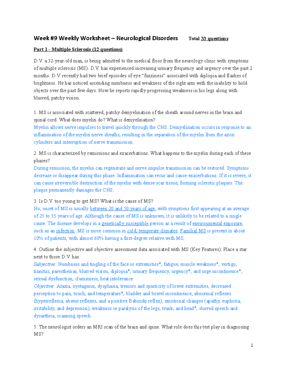 neuro disorders - Week #9 Weekly Worksheet – Neurological Disorders ...