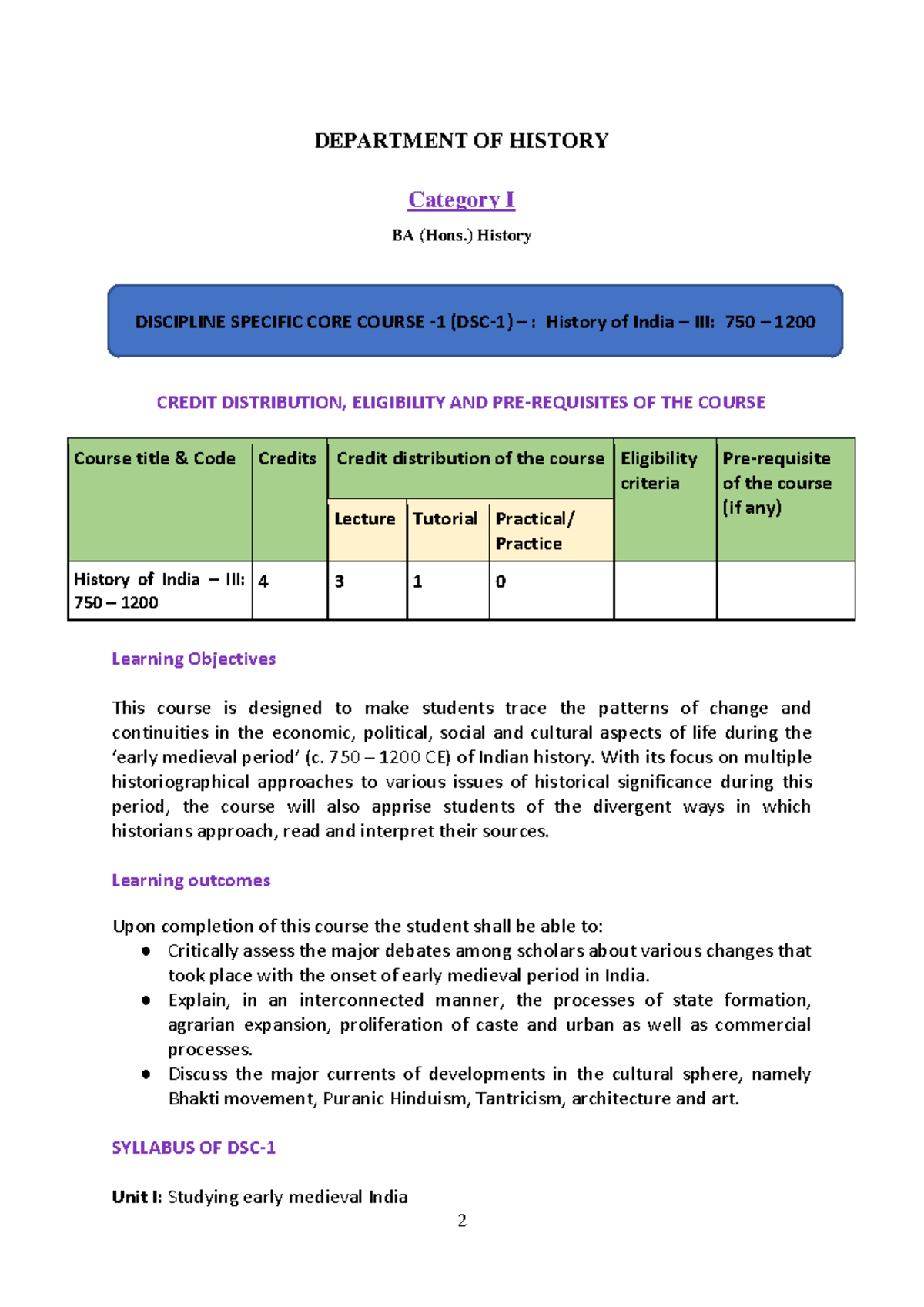 Syllabus 3rd Semester (His. hon - DEPARTMENT OF HISTORY CREDIT ...