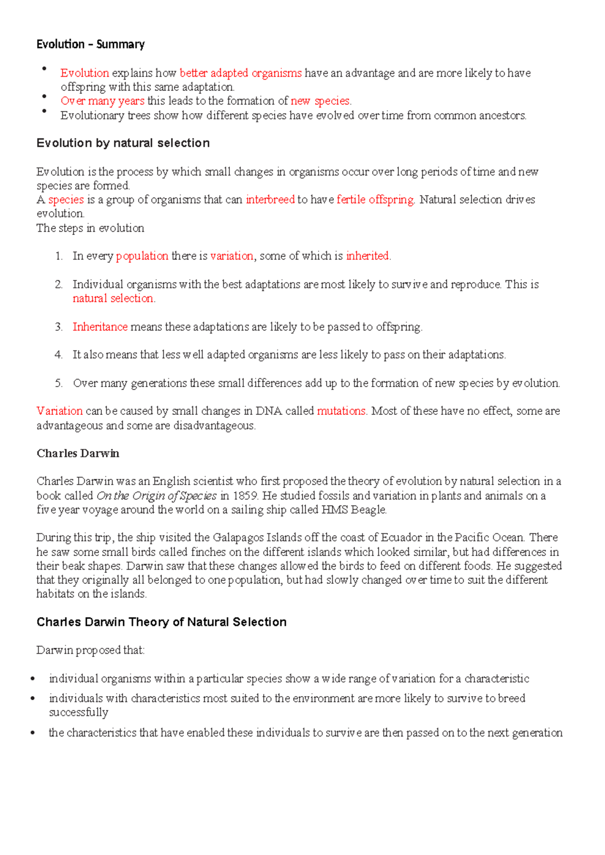Topic summary- Evolution - Evolution – Summary Evolution explains how ...