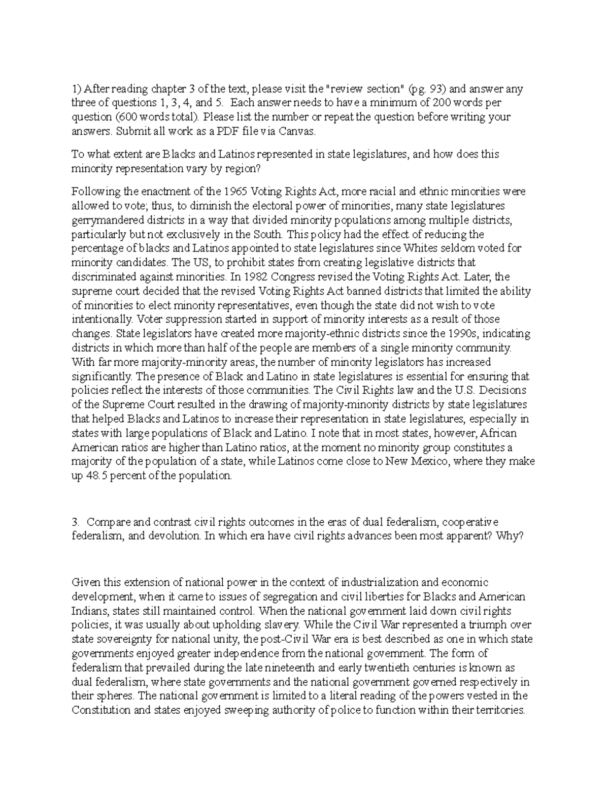 Chapter 3 Assignment (Federalism) - After reading chapter 3 of the text ...