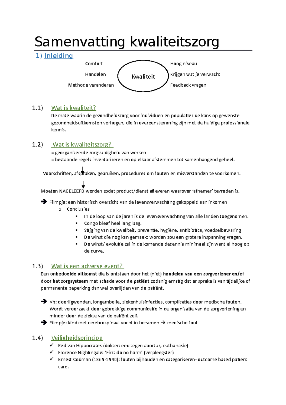 Samenvatting kwaliteitszorg - 1) Wat is kwaliteitszorg? = georganiseerde zorgvuldigheid van ...