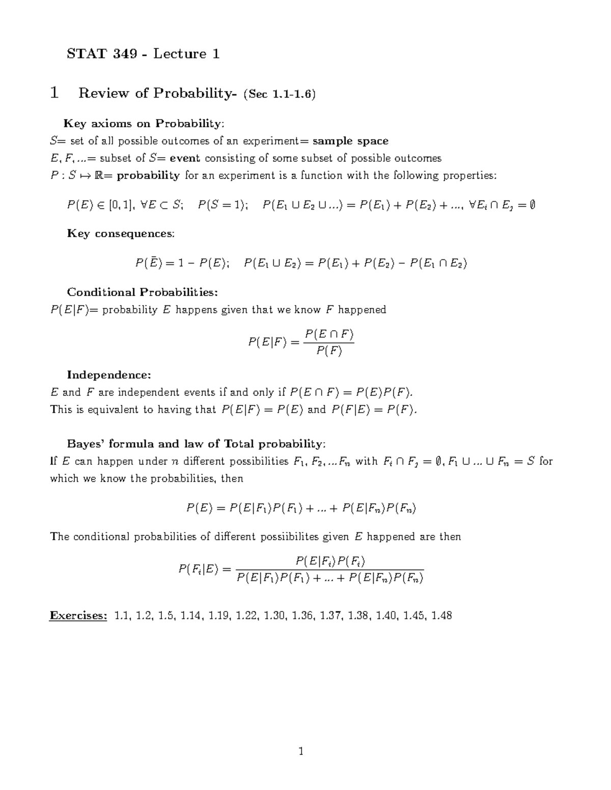 Stat349-Lecture 1 - STAT 349 - Lecture 1 1 Review of Probability- (Sec 1.1-1) Key axioms on ...