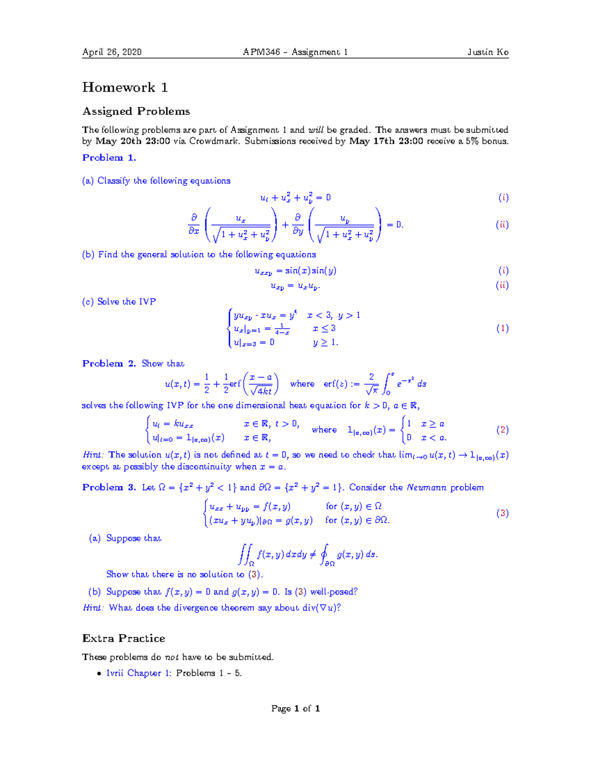 Week 1 Homework - April 26, 2020 APM346 – Assignment 1 Justin Ko ...