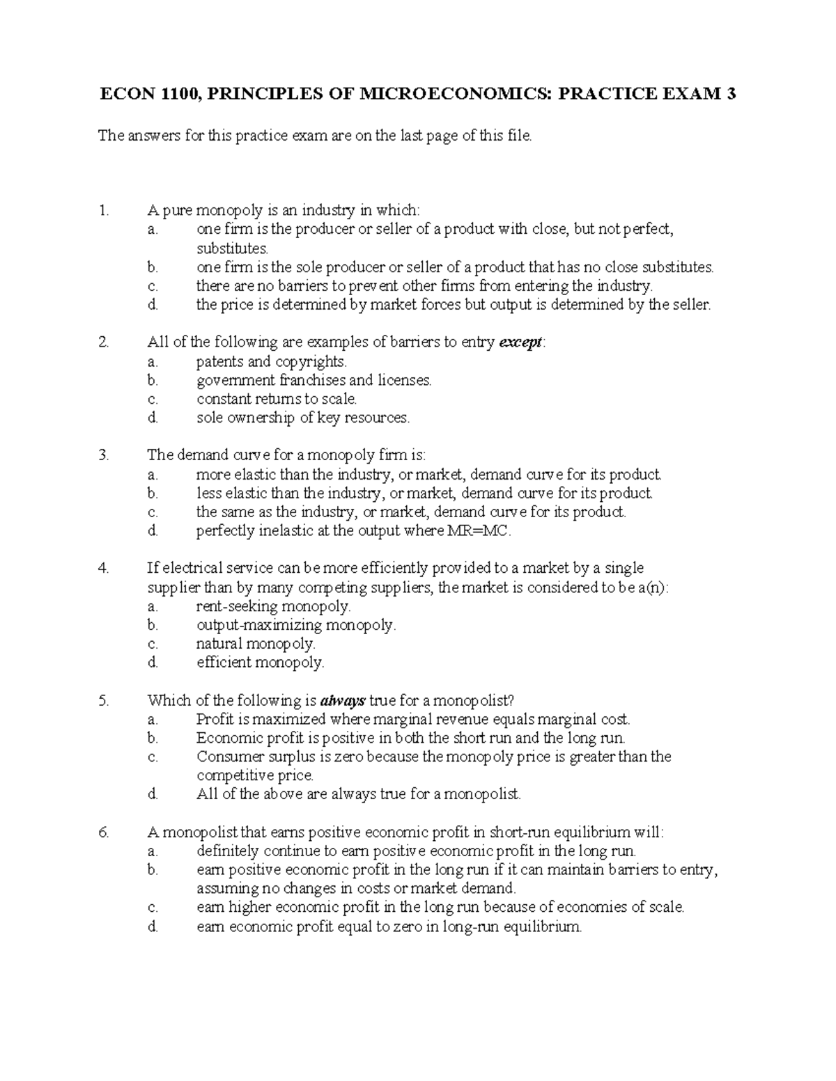 Micro Practice Exam 3 - Mrs. Fatima - ECON 1100, PRINCIPLES OF ...