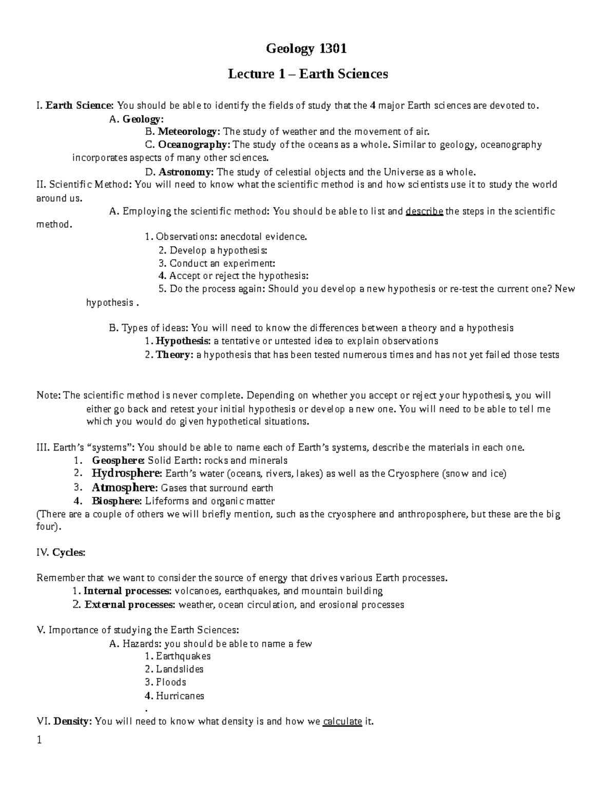 1301 Lecture One Earth Sciences Finished - Geology 1301 Lecture 1 ...