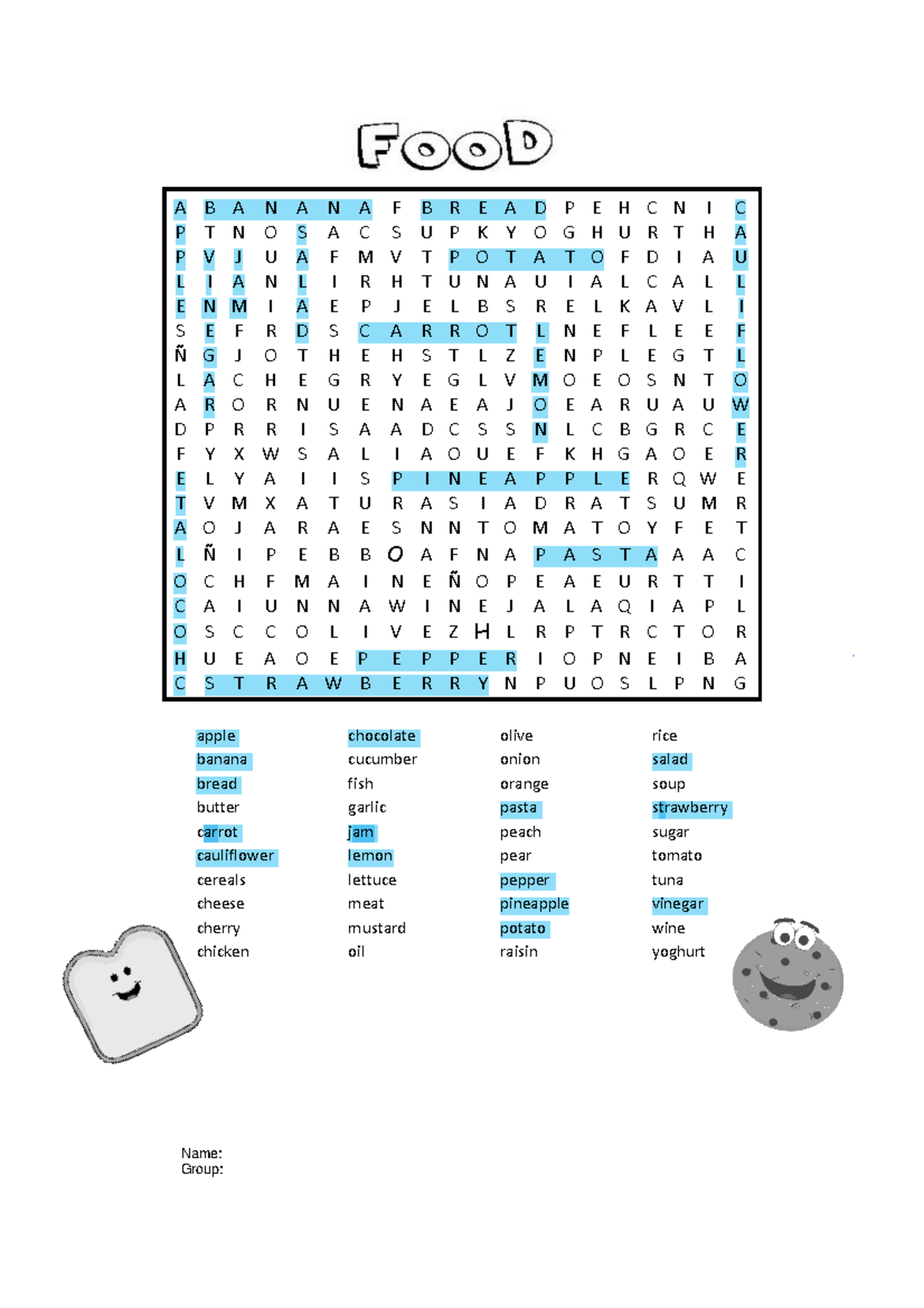 Food wordsearch-1 - A B A N A N A F B R E A D P E H C N I C P T N O S A ...