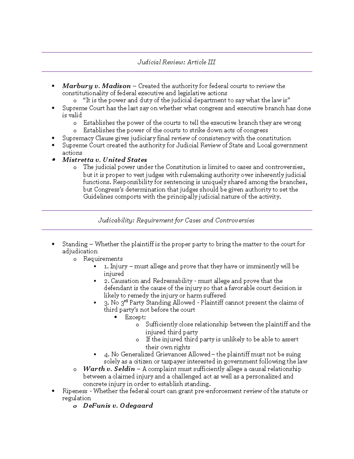 con law outline - Judicial Review: Article III Marbury v. Madison ...