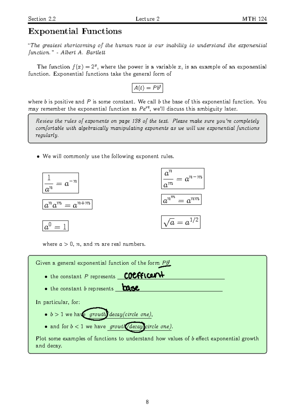 2 - MTH 124 lecture notes - Exponential Functions “The greatest ...