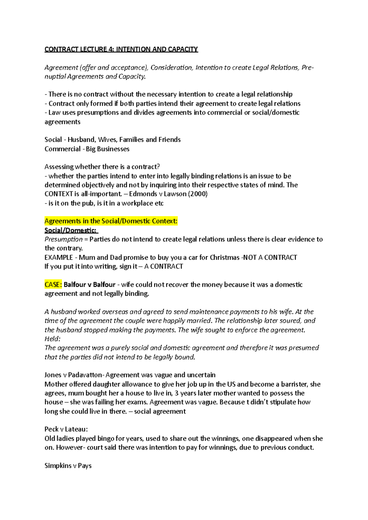 Intention and Capacity - CONTRACT LECTURE 4: INTENTION AND CAPACITY ...