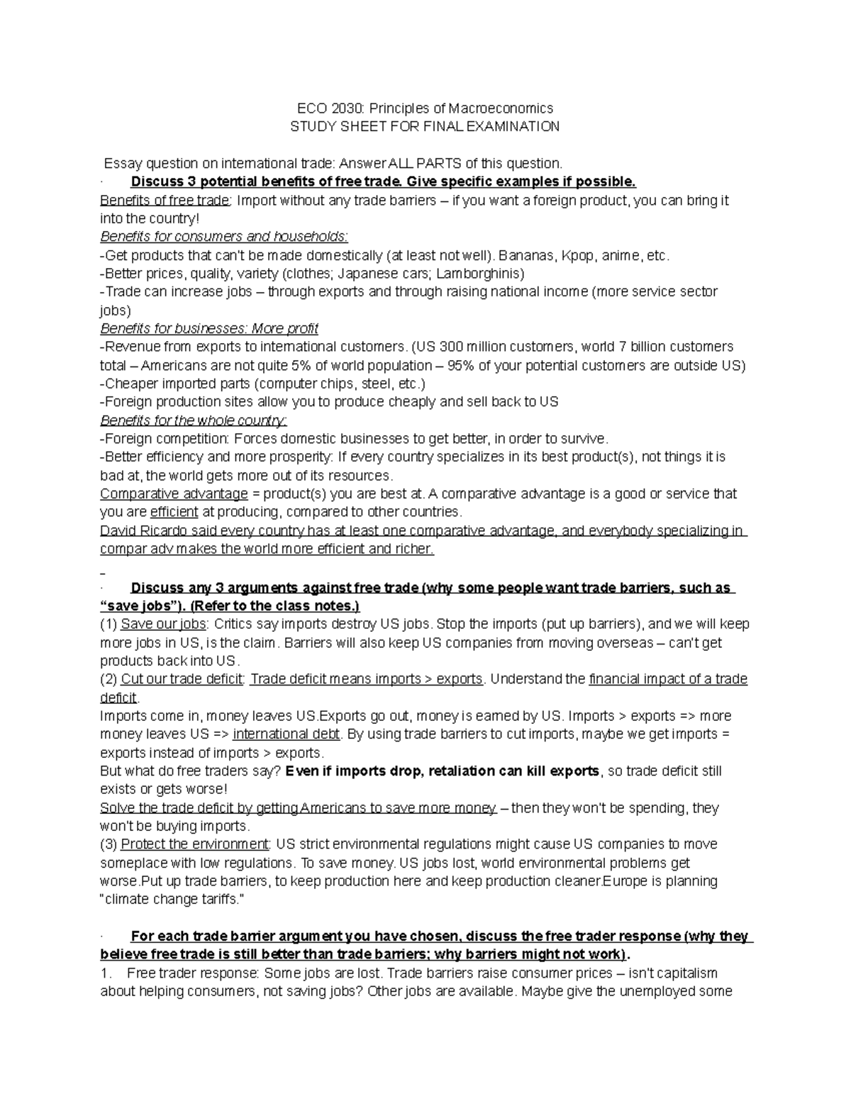 Macro Final - ECO 2030: Principles of Macroeconomics STUDY SHEET FOR ...