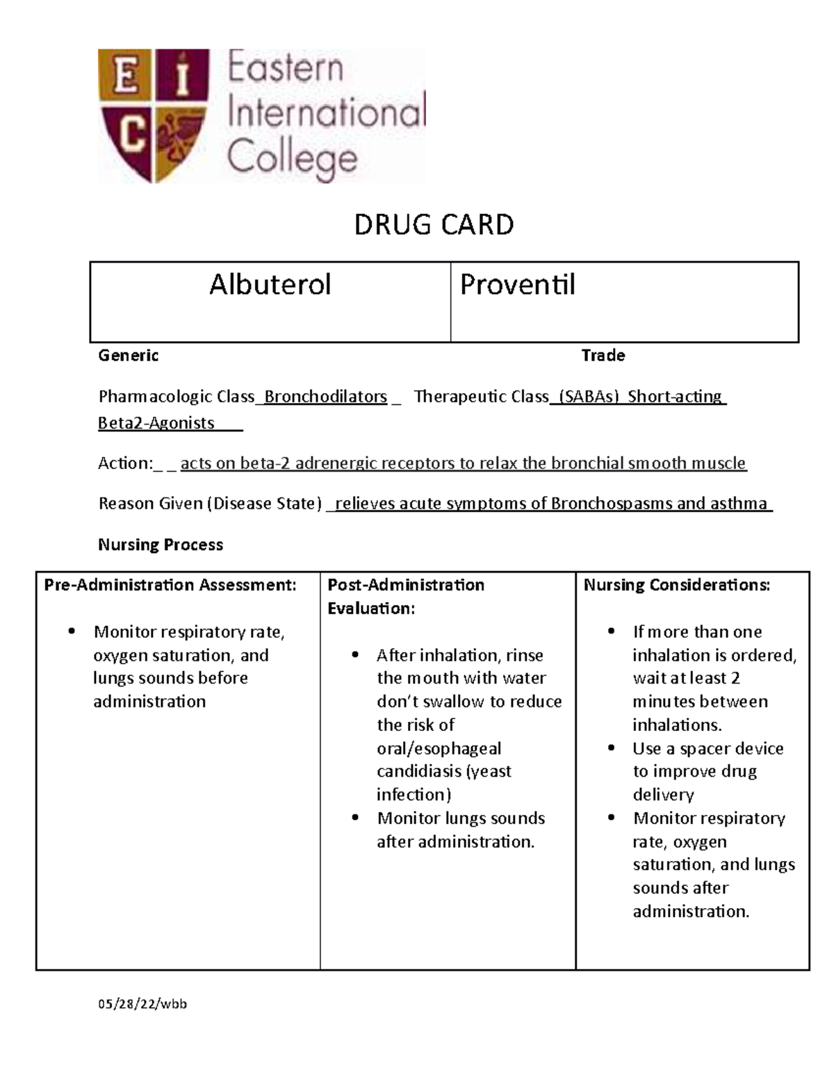 Medication cards 6 - Albuterol Proventil Generic Trade Pharmacologic ...