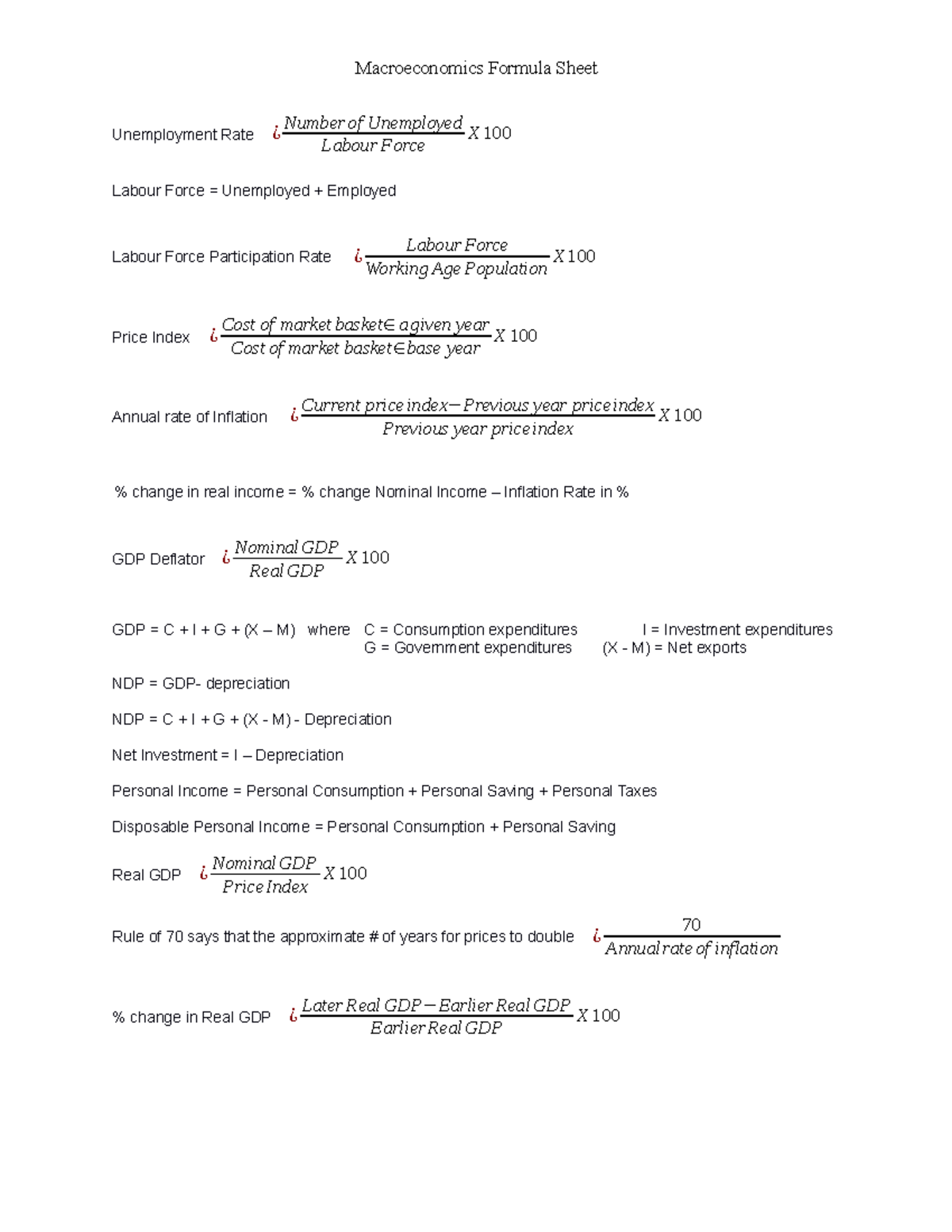 Formula Sheet - Macroeconomics Formula Sheet Unemployment Rate ¿Number ...