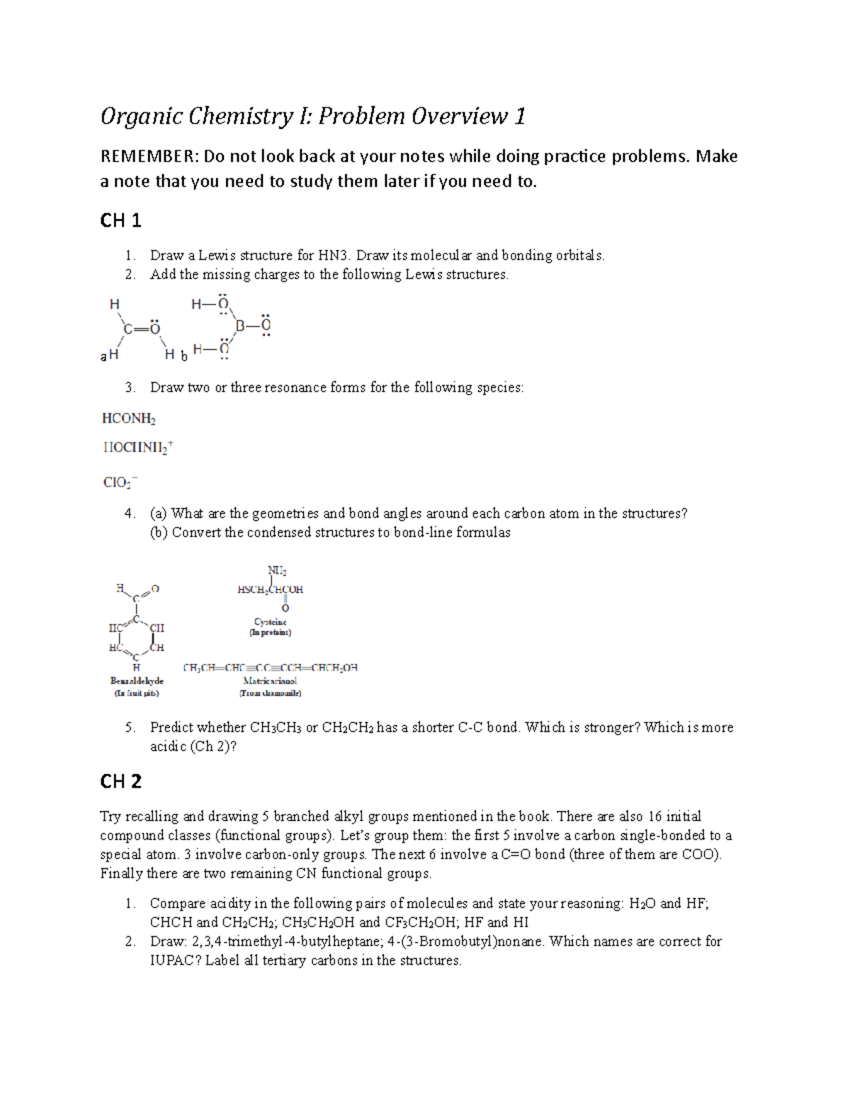 Organic Chemistry I Problem Overview 1 - Make a note that you need to ...