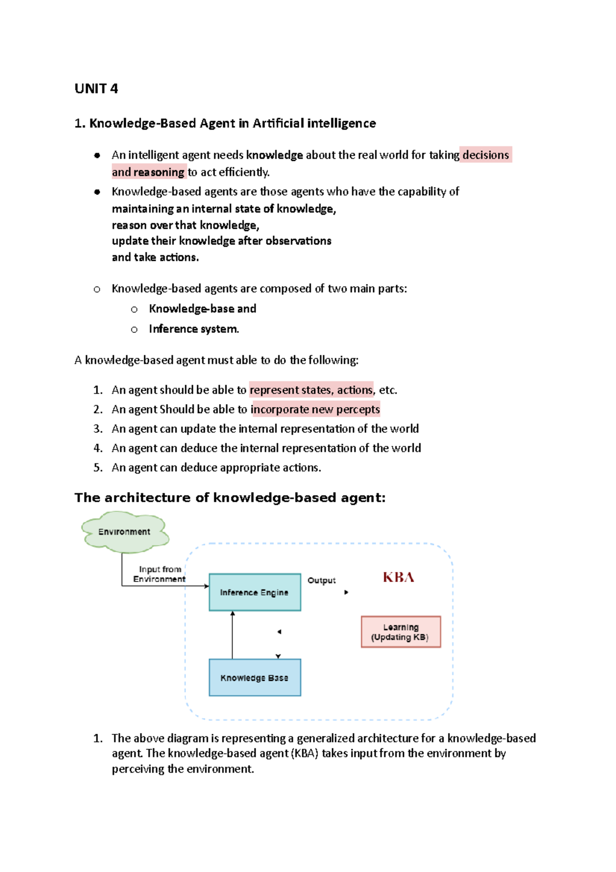 Artificial Intelligence - UNIT 4 1. Knowledge-Based Agent in Artificial ...