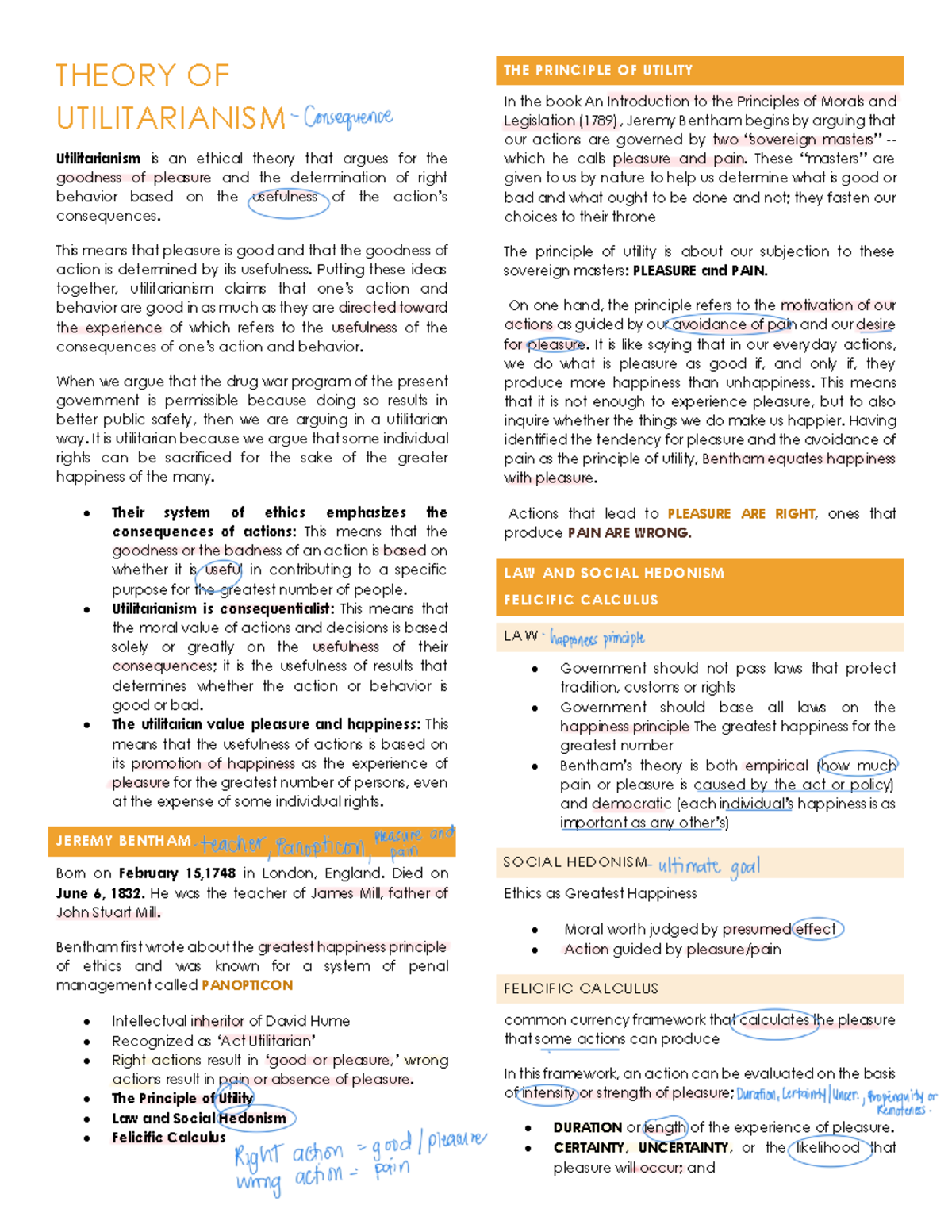 Ethics Midterm Notes - THEORY OF UTILITARIANISM Utilitarianism is an ...