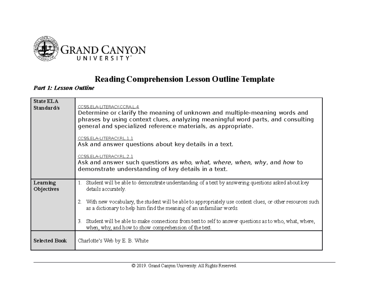 Benchmark - Reading Comprehension Lesson Outline Template Part 1 ...