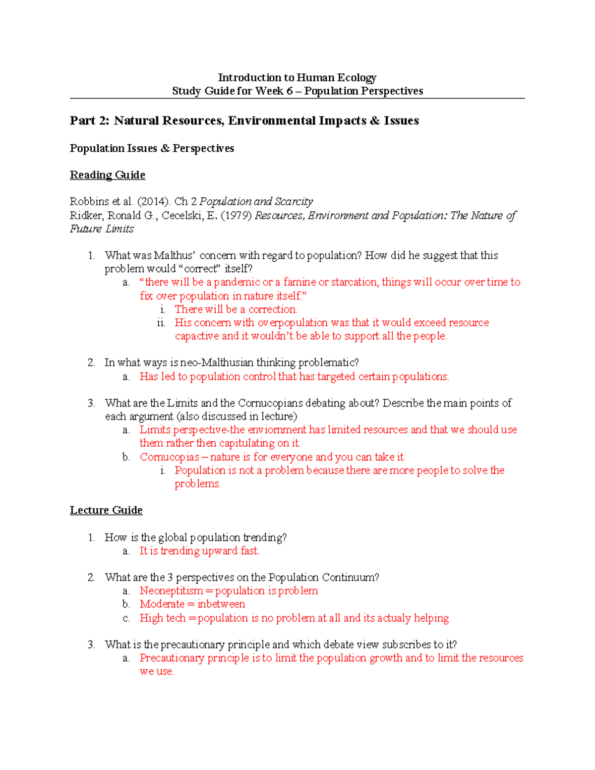 Week 6 Study Guide Population & Environment - Introduction to Human ...