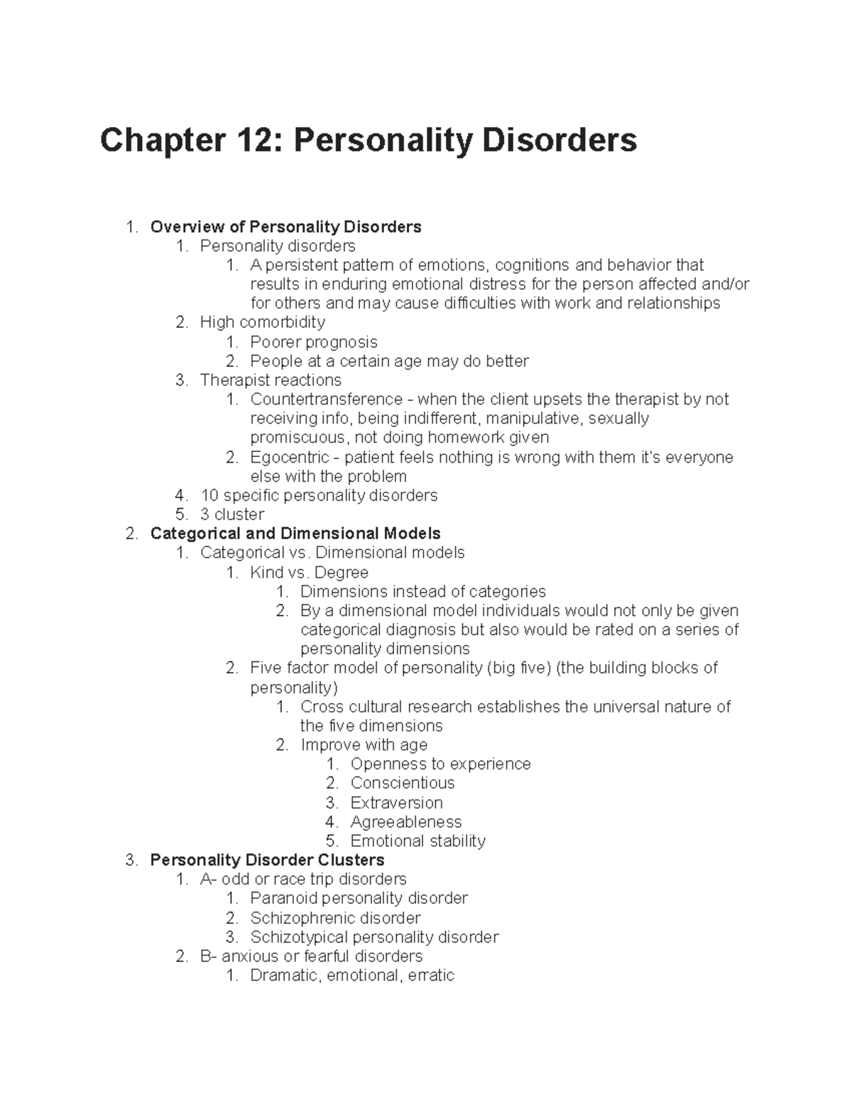 Chapter 12 - Chapter 12: Personality Disorders Overview of Personality ...