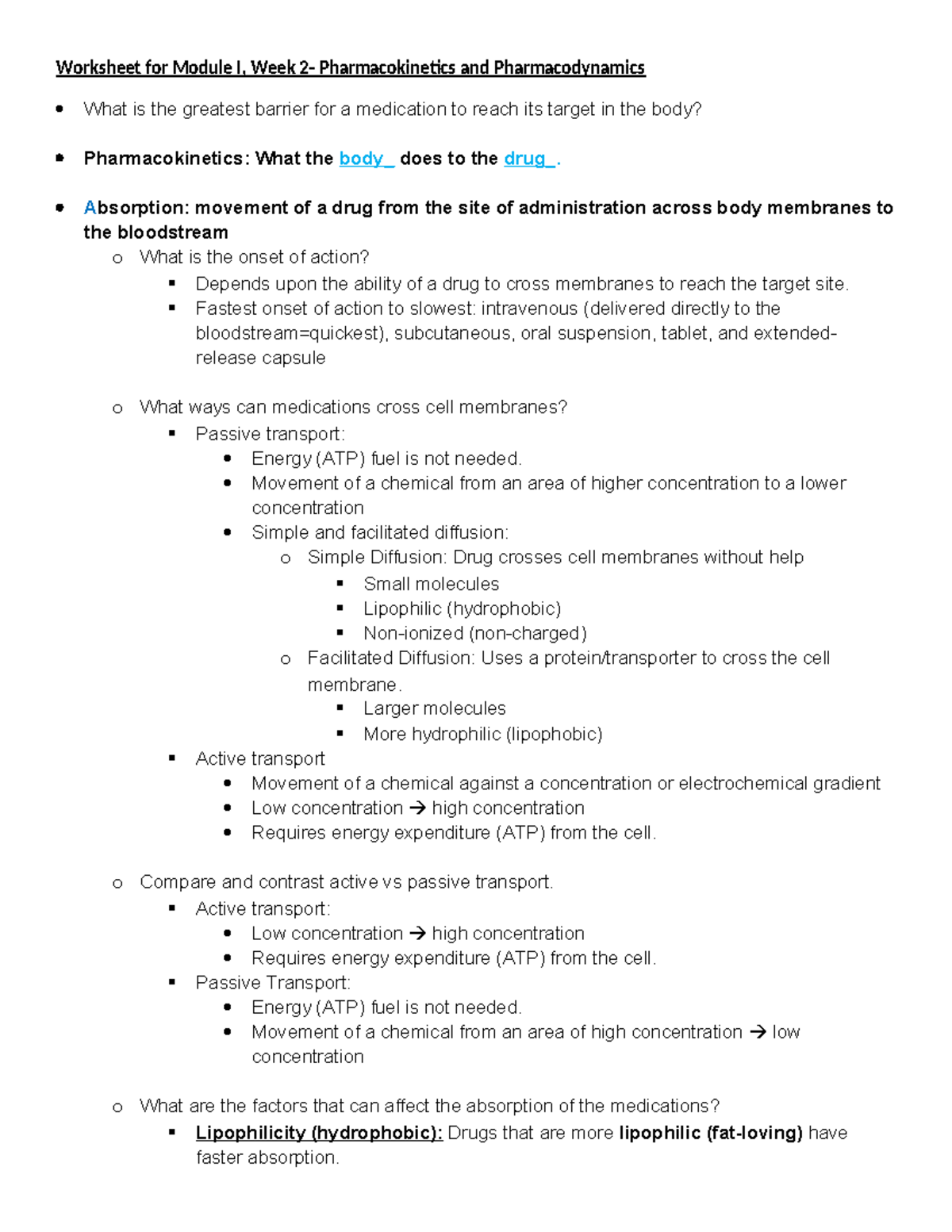 Pharmacokinetic and Pharmacodynamics Worksheet - Worksheet for Module I ...