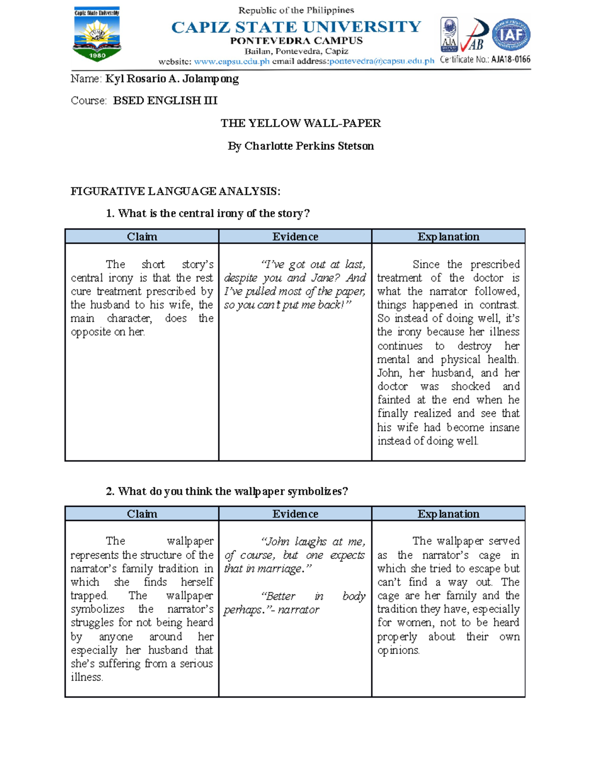 The yellow wallpaper - Name: Kyl Rosario A. Jolampong Course: BSED ...