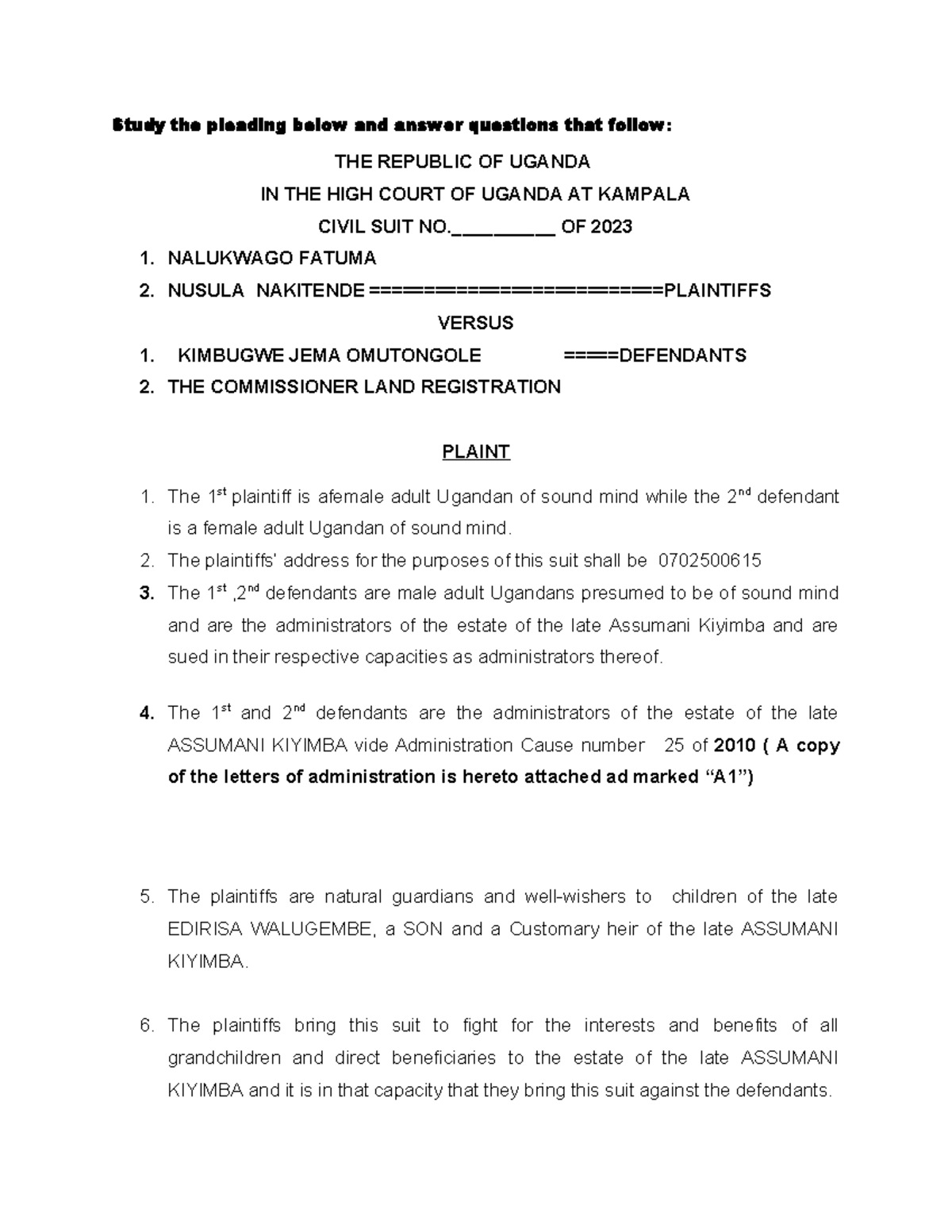 Revison Question ON Pleadings LLB 4 ( 2024) - Study the pleading below ...
