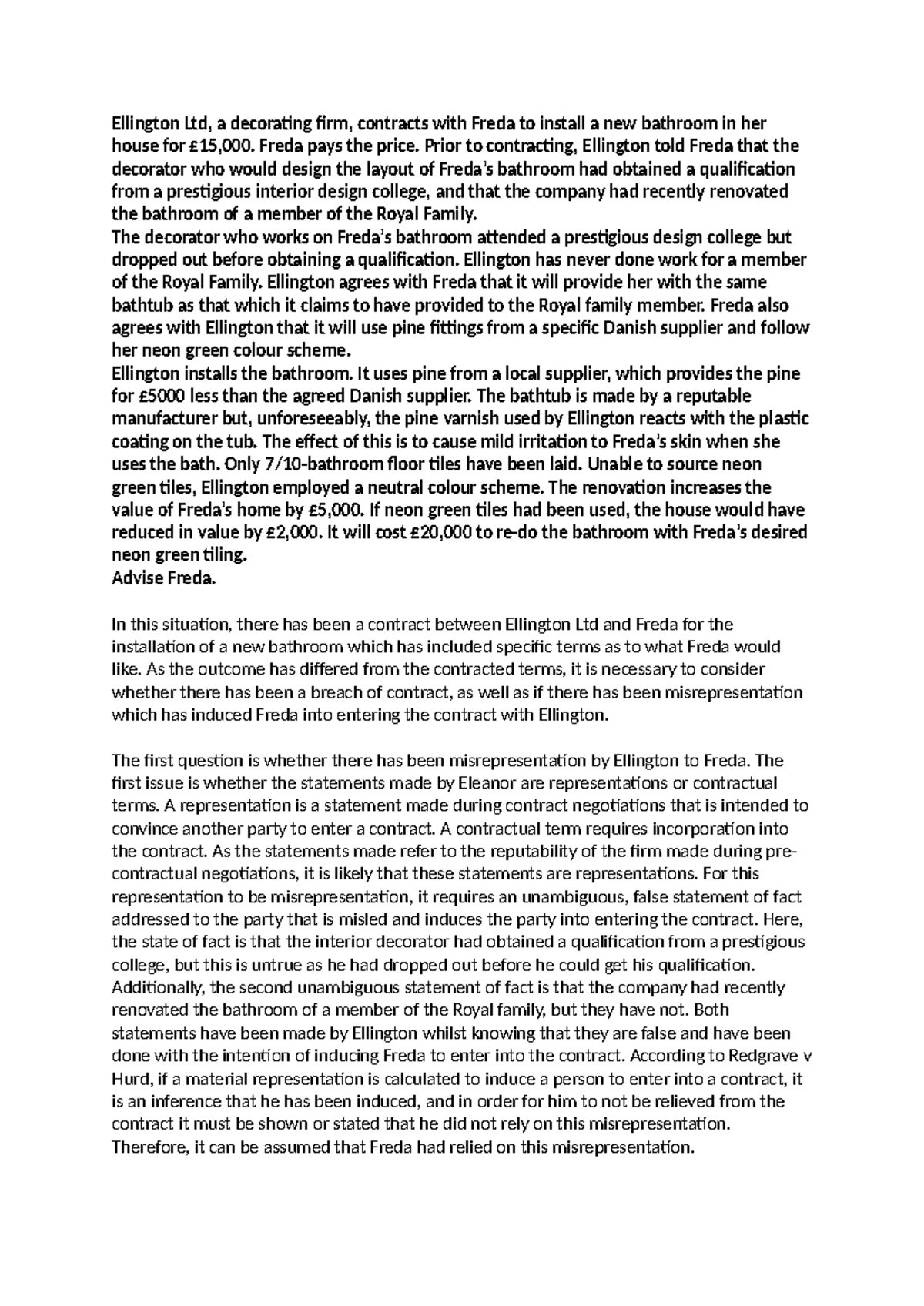 Contract PQ 10- Breach - Ellington Ltd, a decorating firm, contracts ...