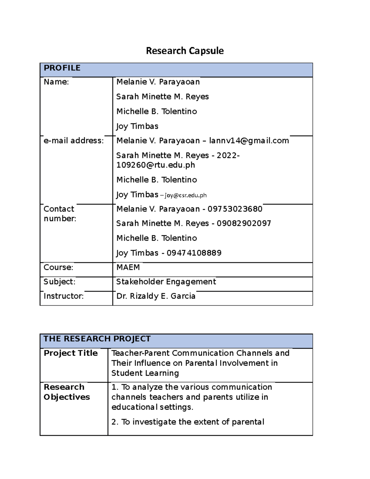 Research-Capsule Project - Research Capsule PROFILE Name: Melanie V ...