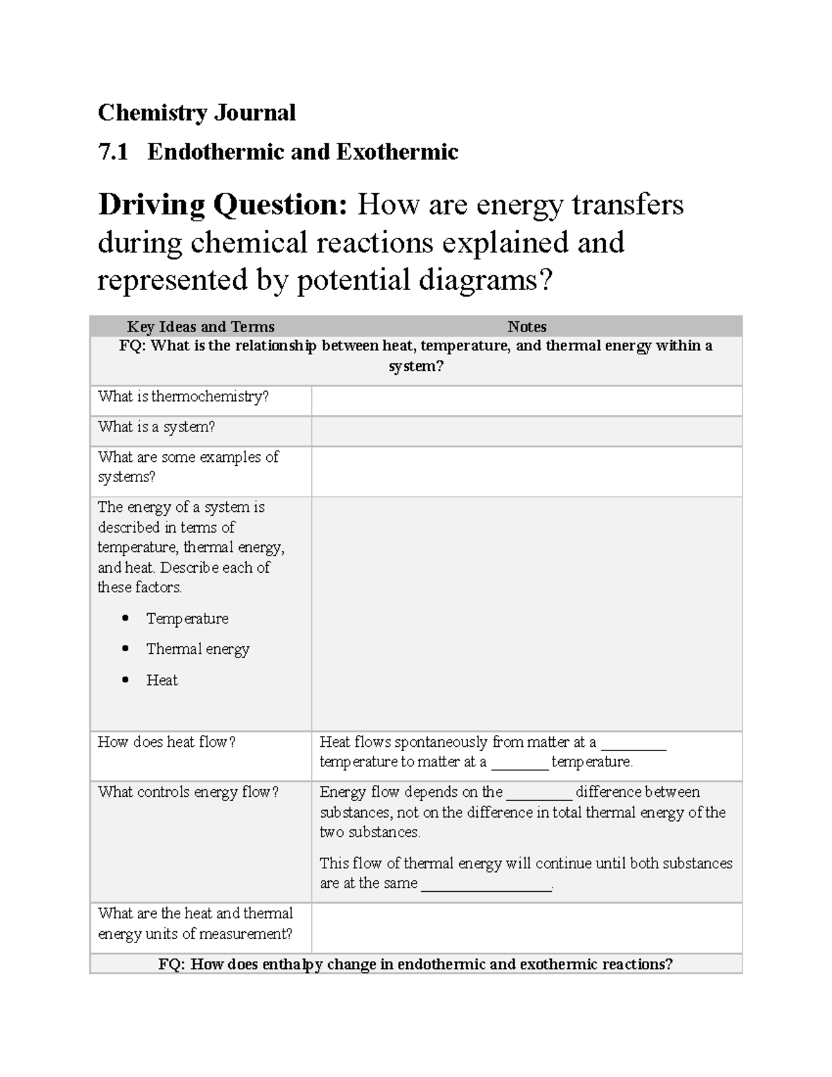 07 01 journal - Chemistry Journal 7 Endothermic and Exothermic Driving ...