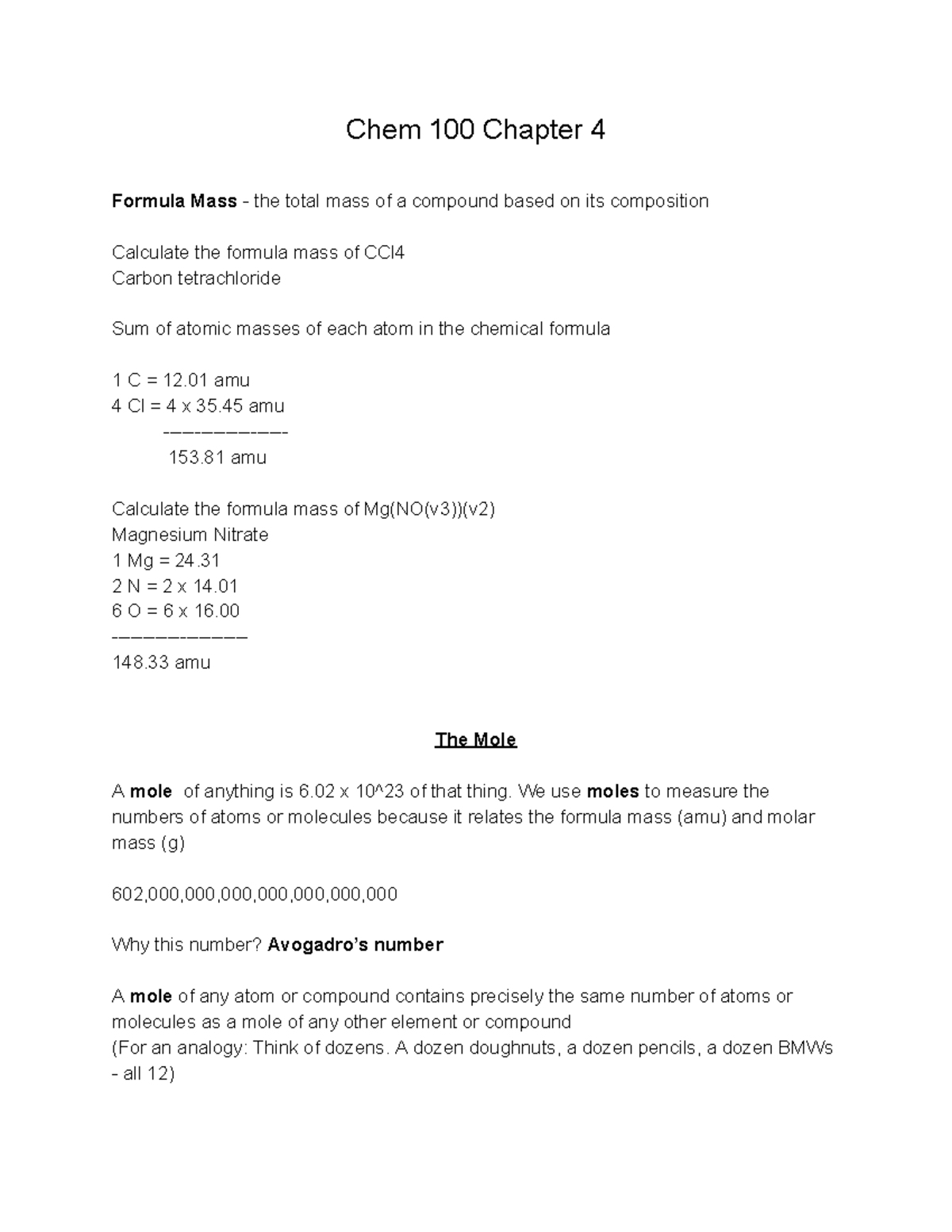 Copy of Chem 100 notes for exam 2 - Chem 100 Chapter 4 Formula Mass ...
