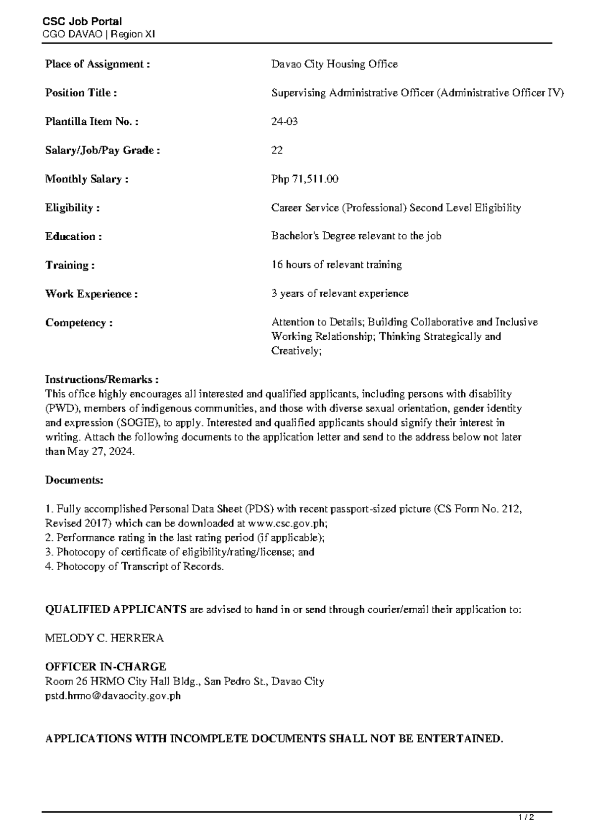 CGO Davao-Supervising Administrative Officer Administrative Officer IV ...