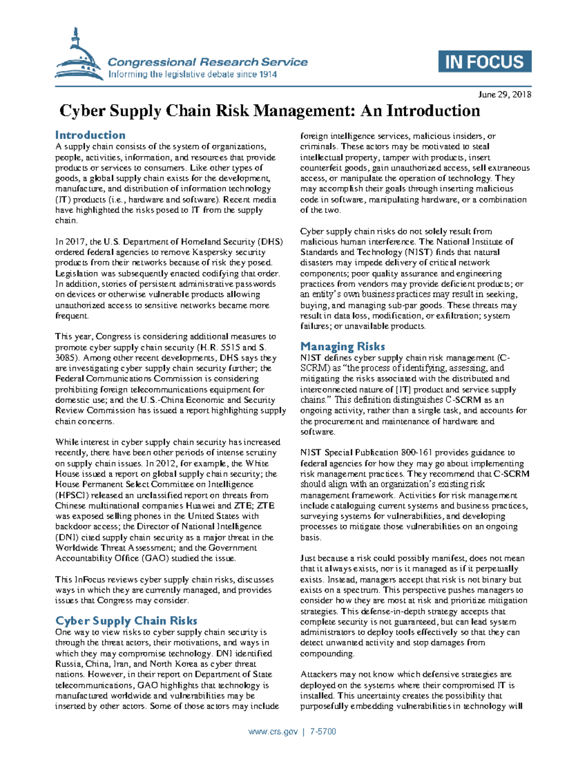Cyber Supply Chain Risk Management An Introduction - crs | 7- June 29 ...