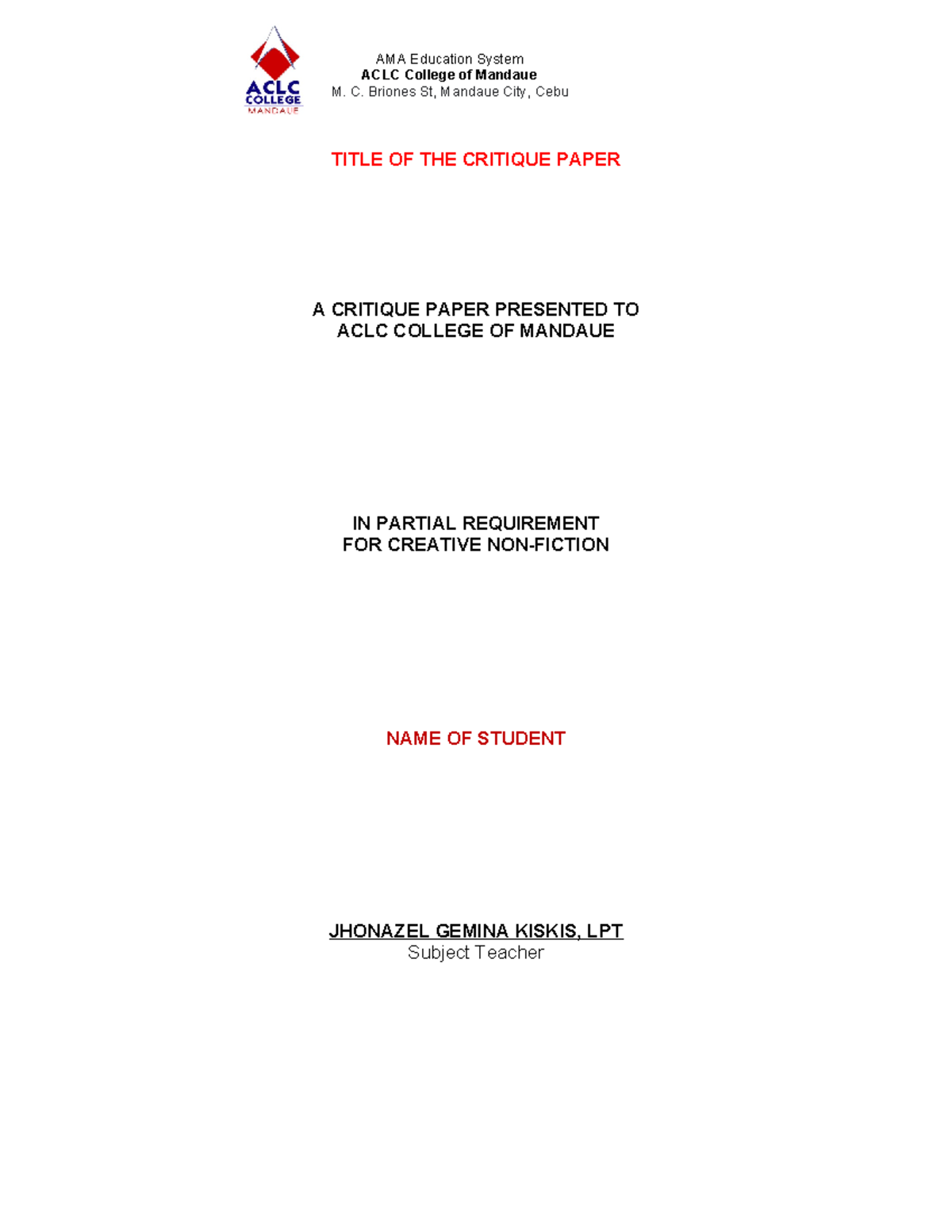 Critique-Paper-Format - ACLC College of Mandaue M. C. Briones St ...