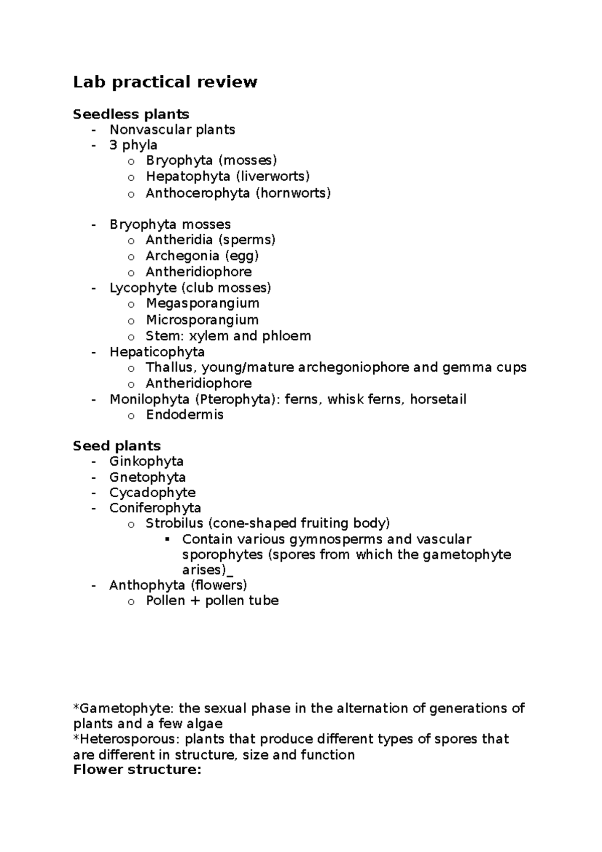 Review lab - Lab notes - Lab practical review Seedless plants ...