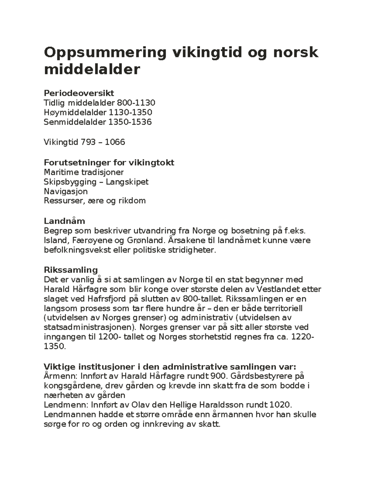 Oppsummering vikingtid og norsk middelalder - Oppsummering vikingtid og ...