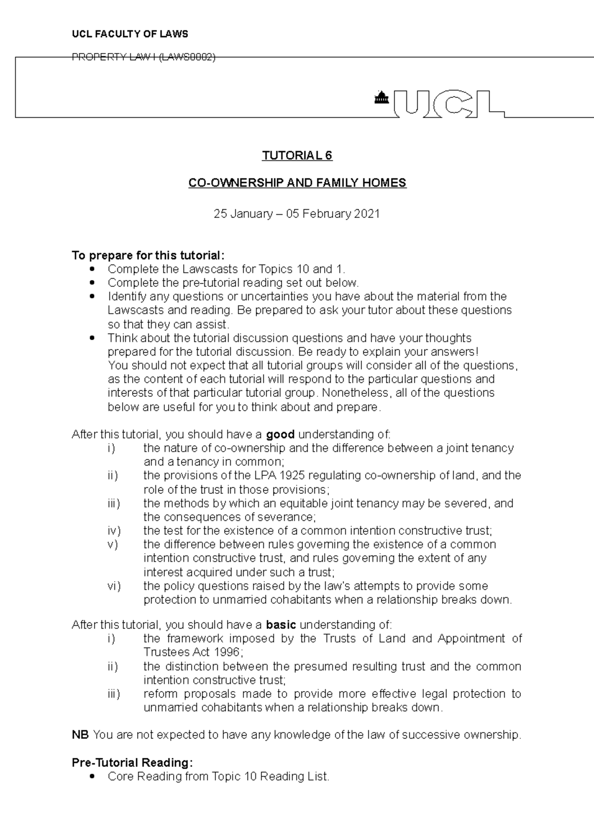 P1 2020-21, Tutorial 6 - UCL FACULTY OF LAWS PROPERTY LAW I (LAWS0002 ...