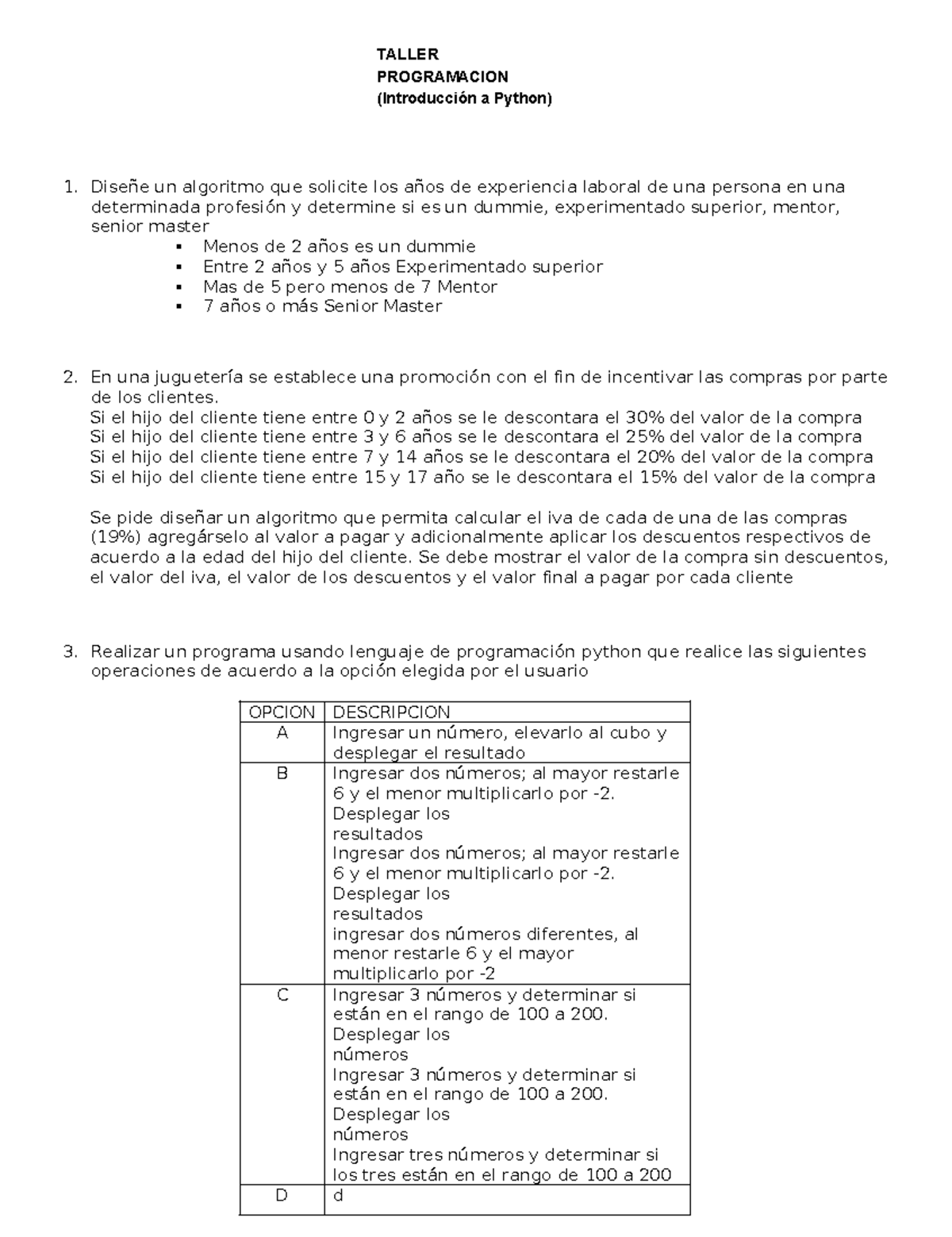 Taller python - TALLER PROGRAMACION (Introducción a Python) 1. Diseñe un algoritmo que solicite ...