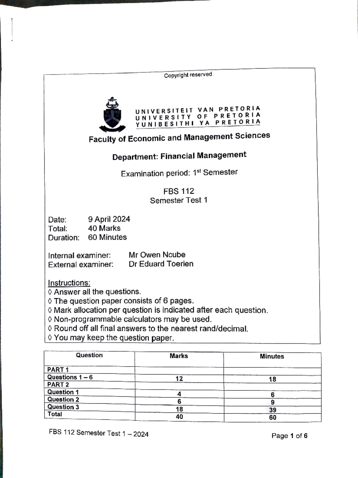 Fbs 113 - ####### Date: Total: 40 Marks ####### Internal examiner ...