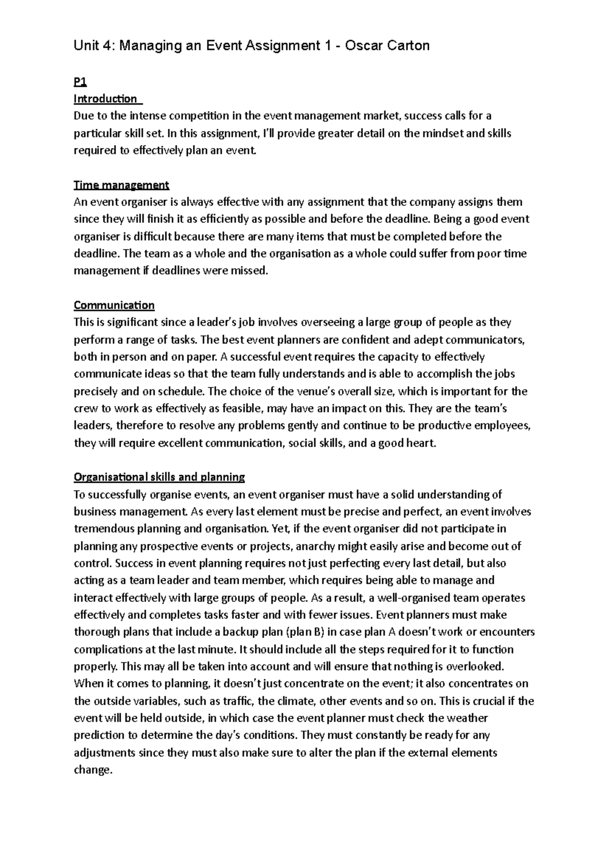 Event organiser assignment - P Introduction Due to the intense ...