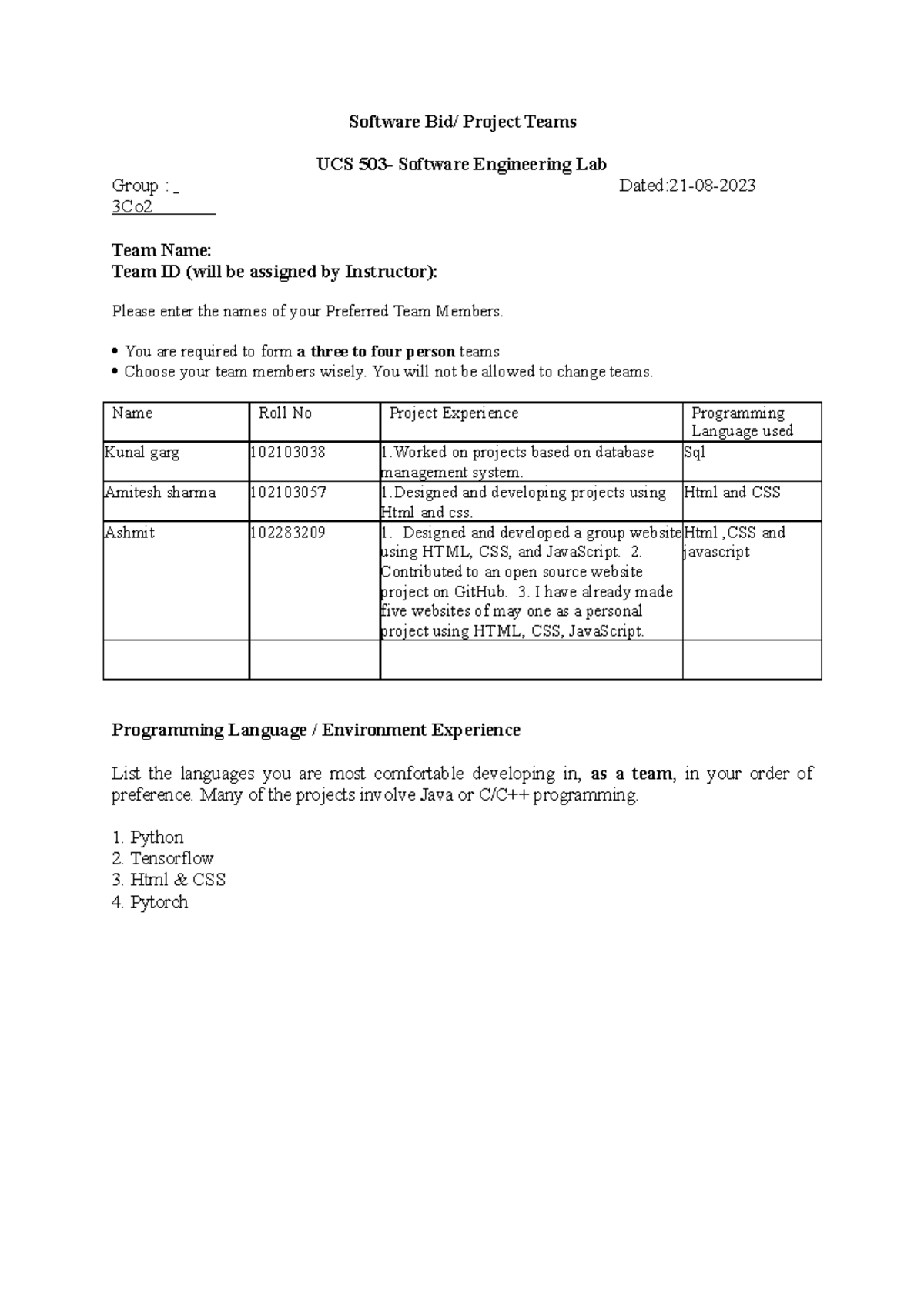 Software bid - hlo - Software Bid/ Project Teams Group : 3Co UCS 503- Software Engineering Lab ...