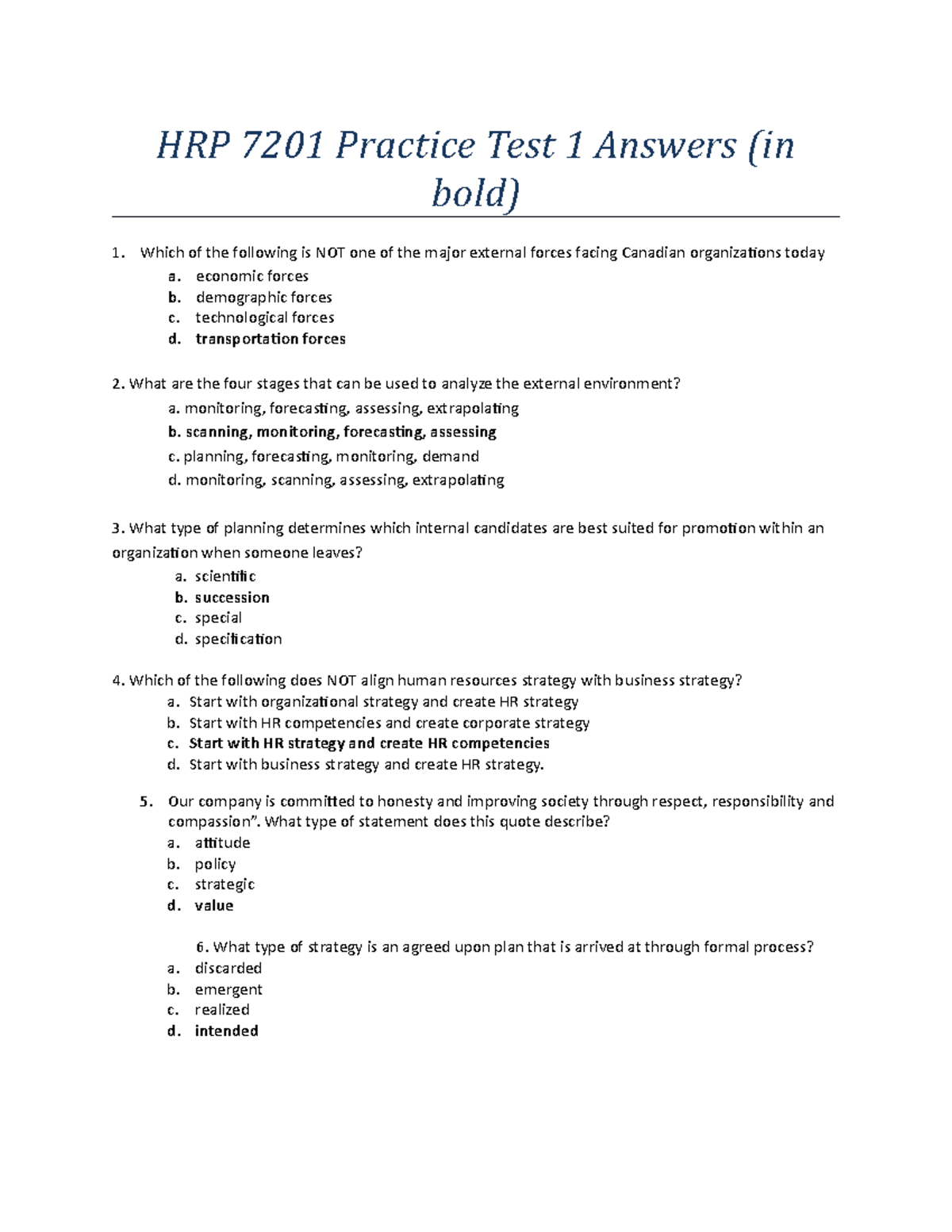 HR Planning - Practice test 1 with answers - HRP 7201 Practice Test 1 ...
