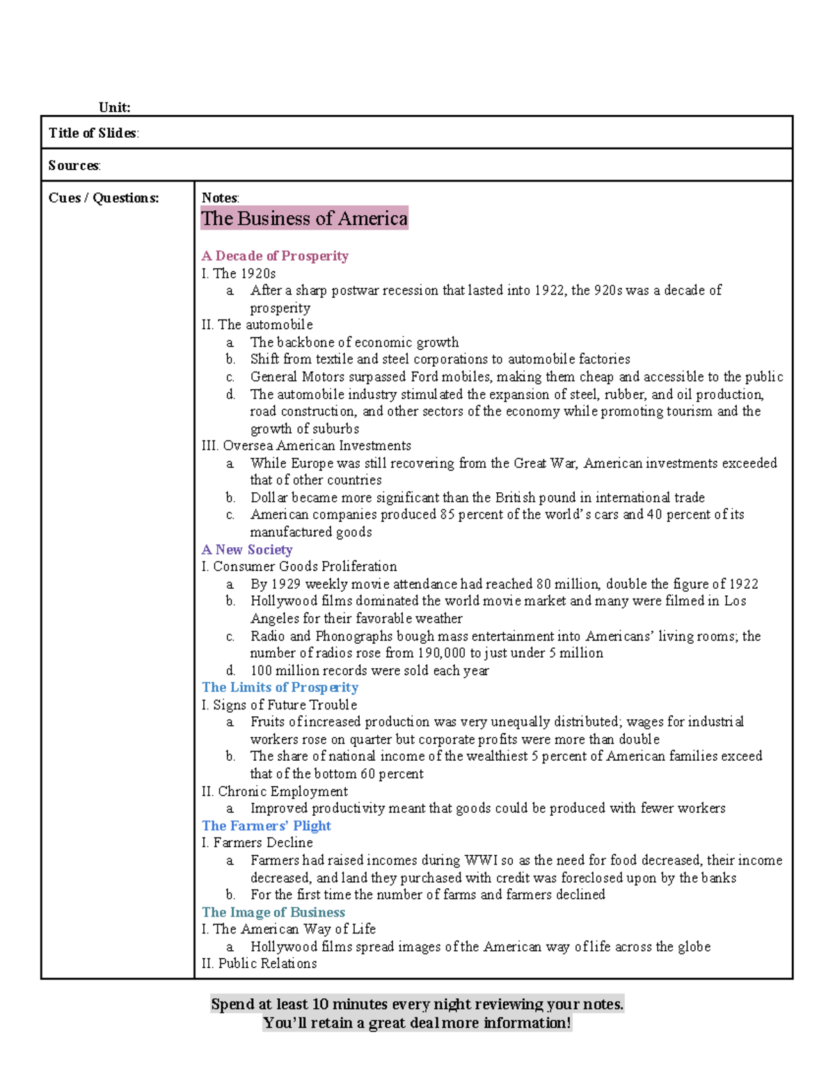 Chapter 20 - Unit: Title of Slides: Sources: Cues / Questions: Notes ...