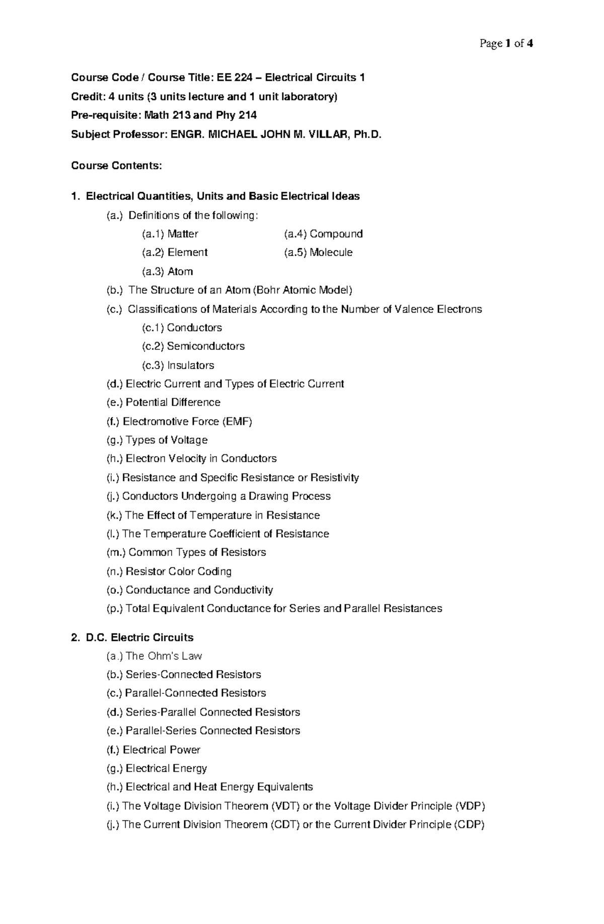 Course Outline in EE 224-Electrical Circuits 1 (D.C. Circuits) - Course Code / Course Title: EE ...