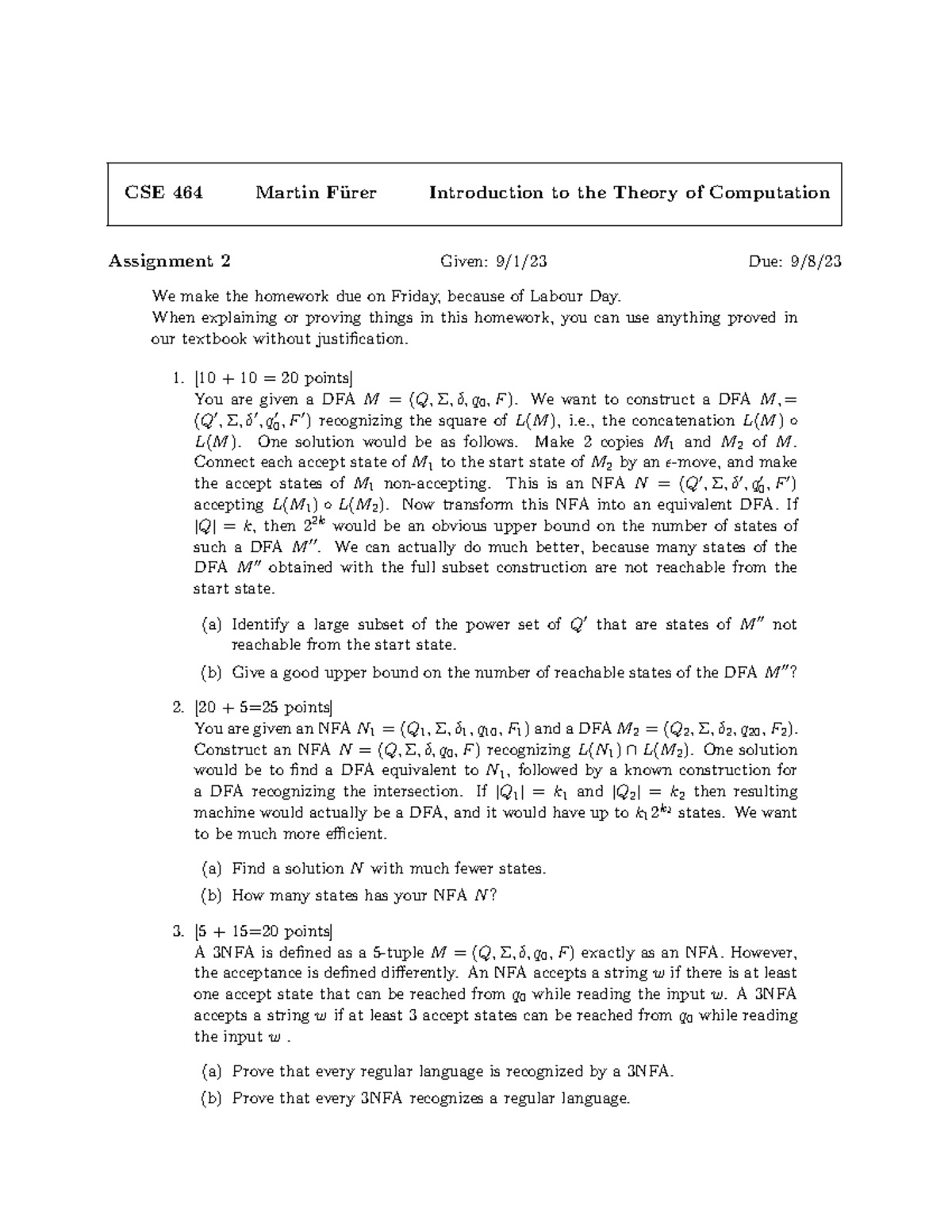 Homework 2- Fall 2023 - CSE 464 Martin F ̈urer Introduction to the Theory of Computation ...