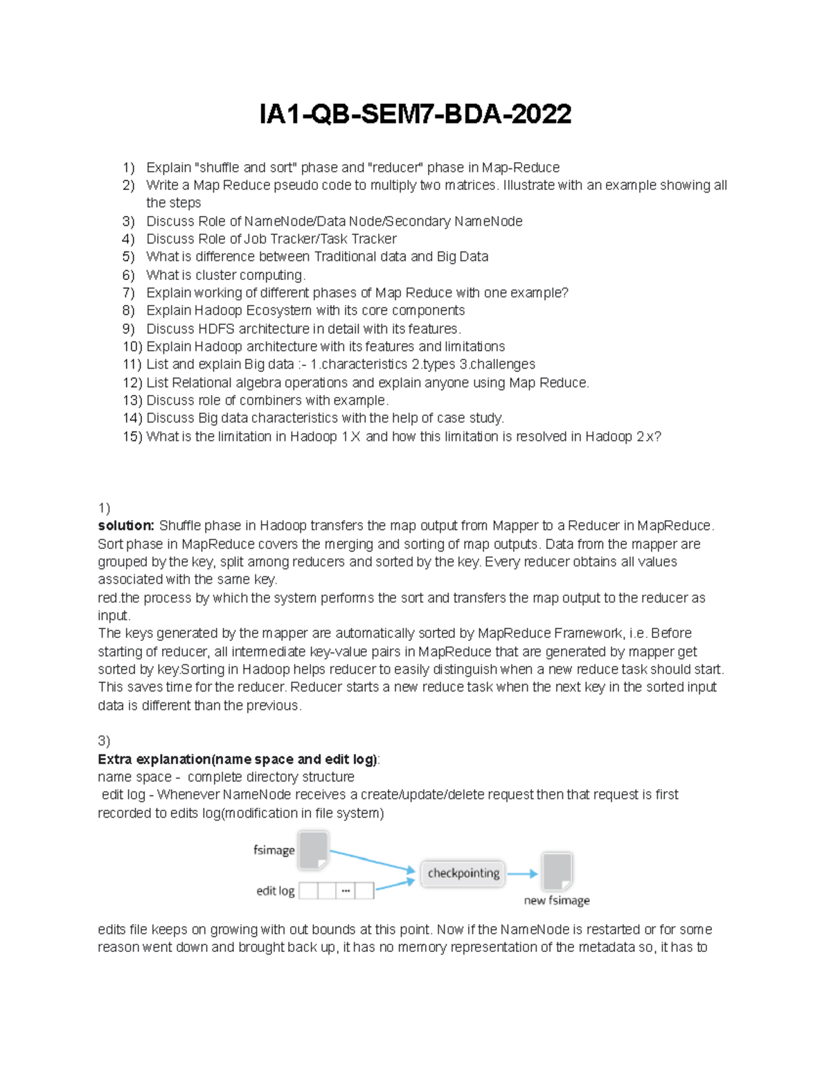 IA1 QB SEM7 BDA 2022 - bda qb - IA1-QB-SEM7-BDA- Explain "shuffle and sort" phase and - Studocu
