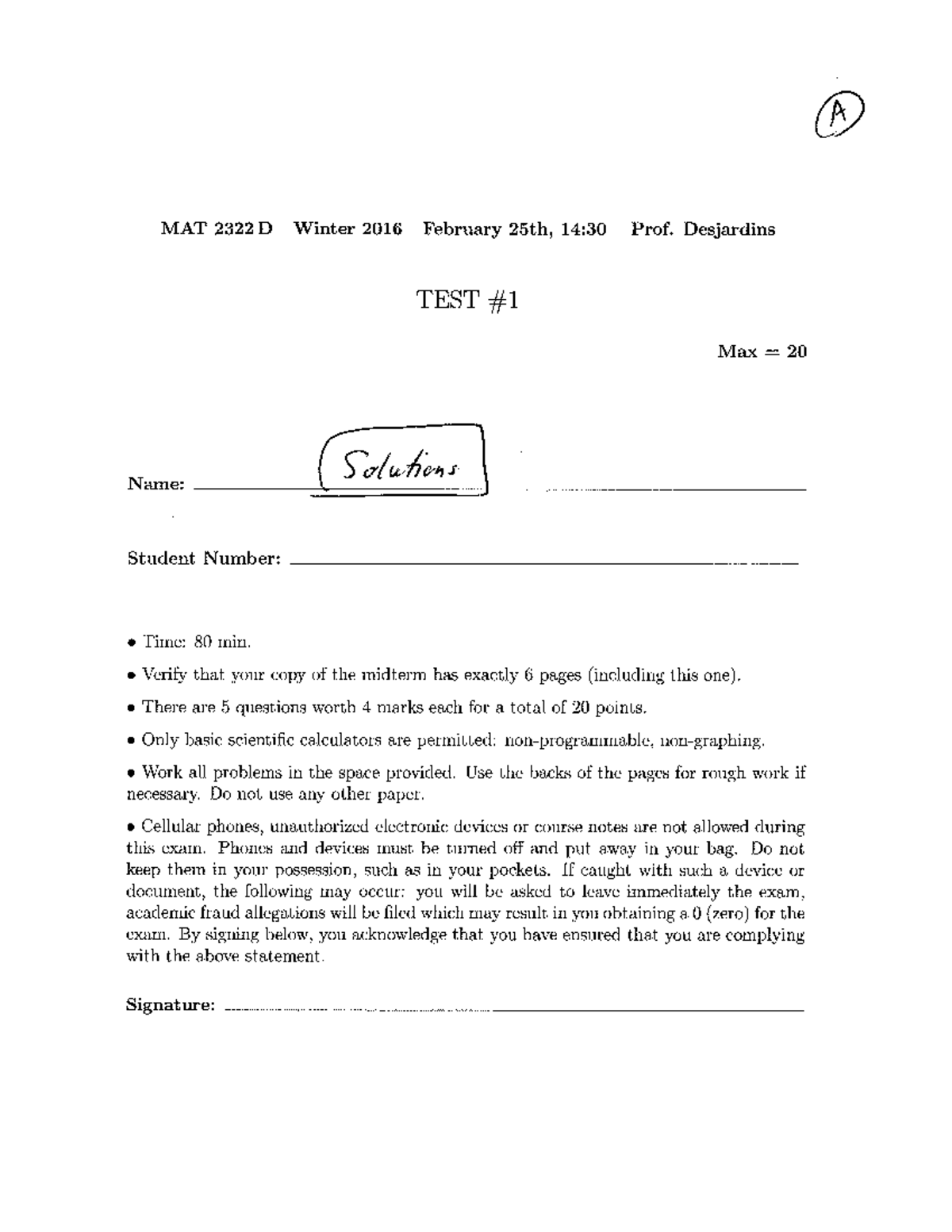 2322d16test1sol - Old tests - MAT2322 - Studocu