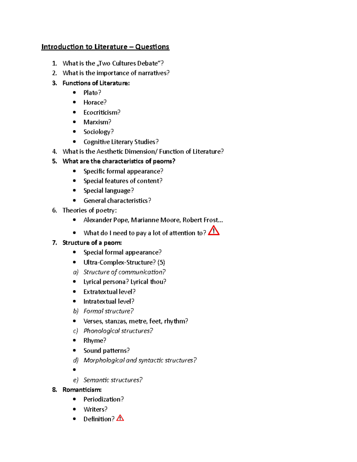Introduction to Literature - important questions - Introduction to ...
