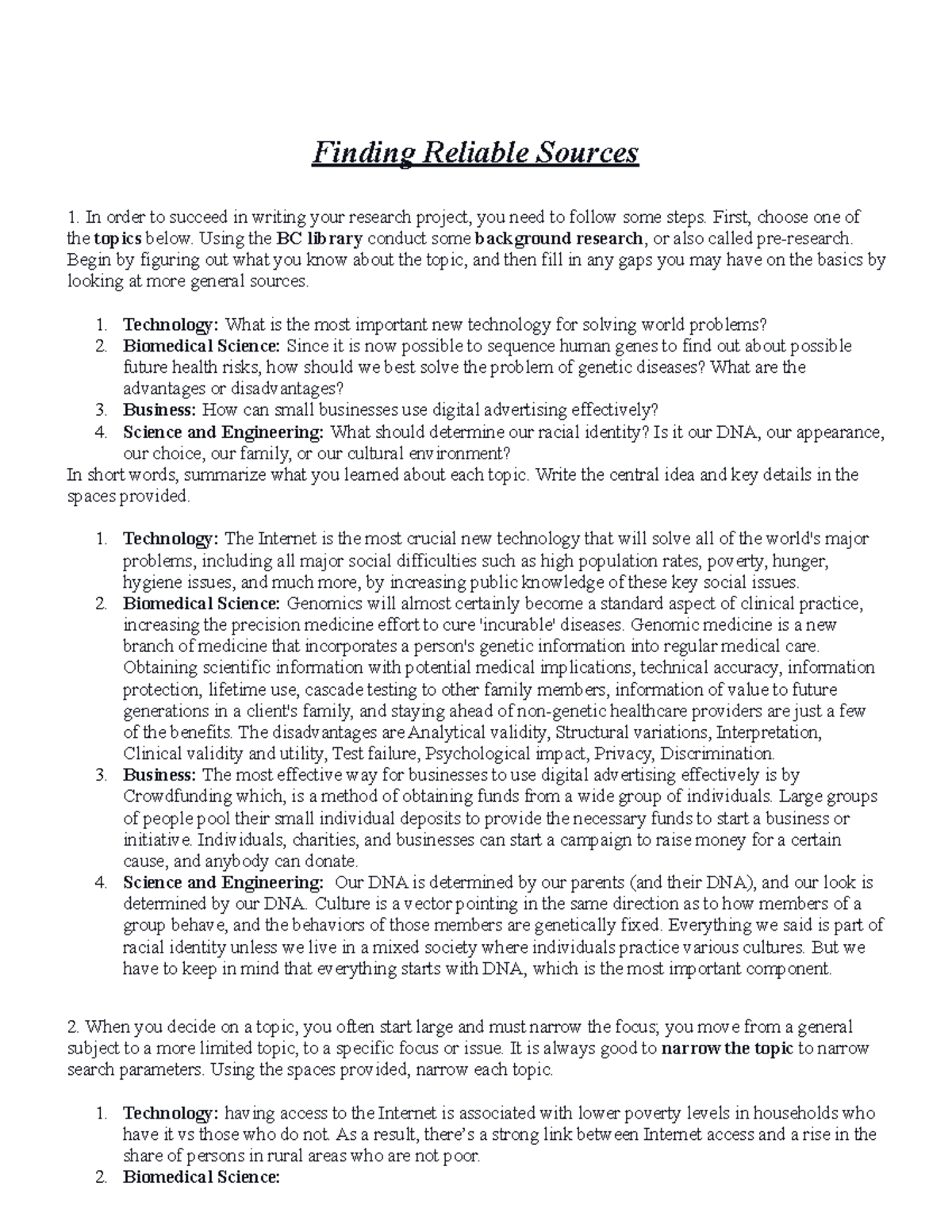 Finding Reliable Sources - First, choose one of the topics below. Using ...