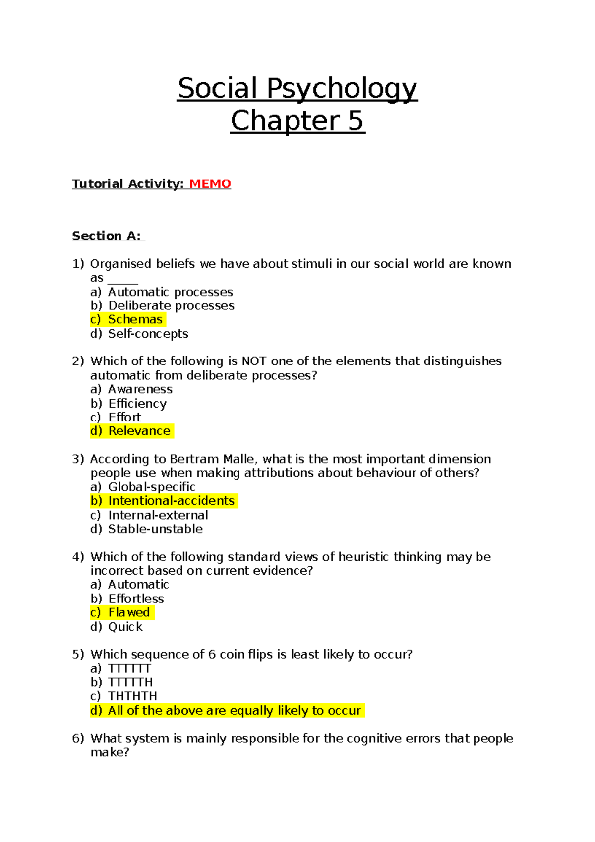 Tutorial Activity Chapter 5 - Memo - Social Psychology Chapter 5 ...