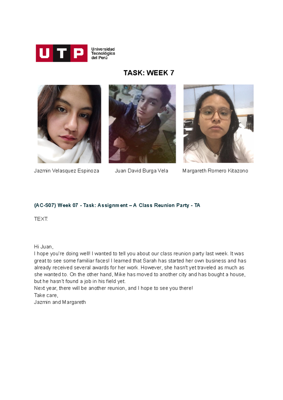 (AC-S07) Week 07 - Task Assignment – A Class Reunion Party - TA - TASK: WEEK 7 Jazmin Velasquez ...