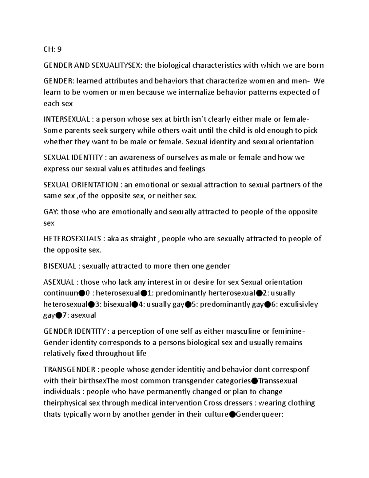 chapter 9 notes - CH: 9 GENDER AND SEXUALITYSEX: the biological ...